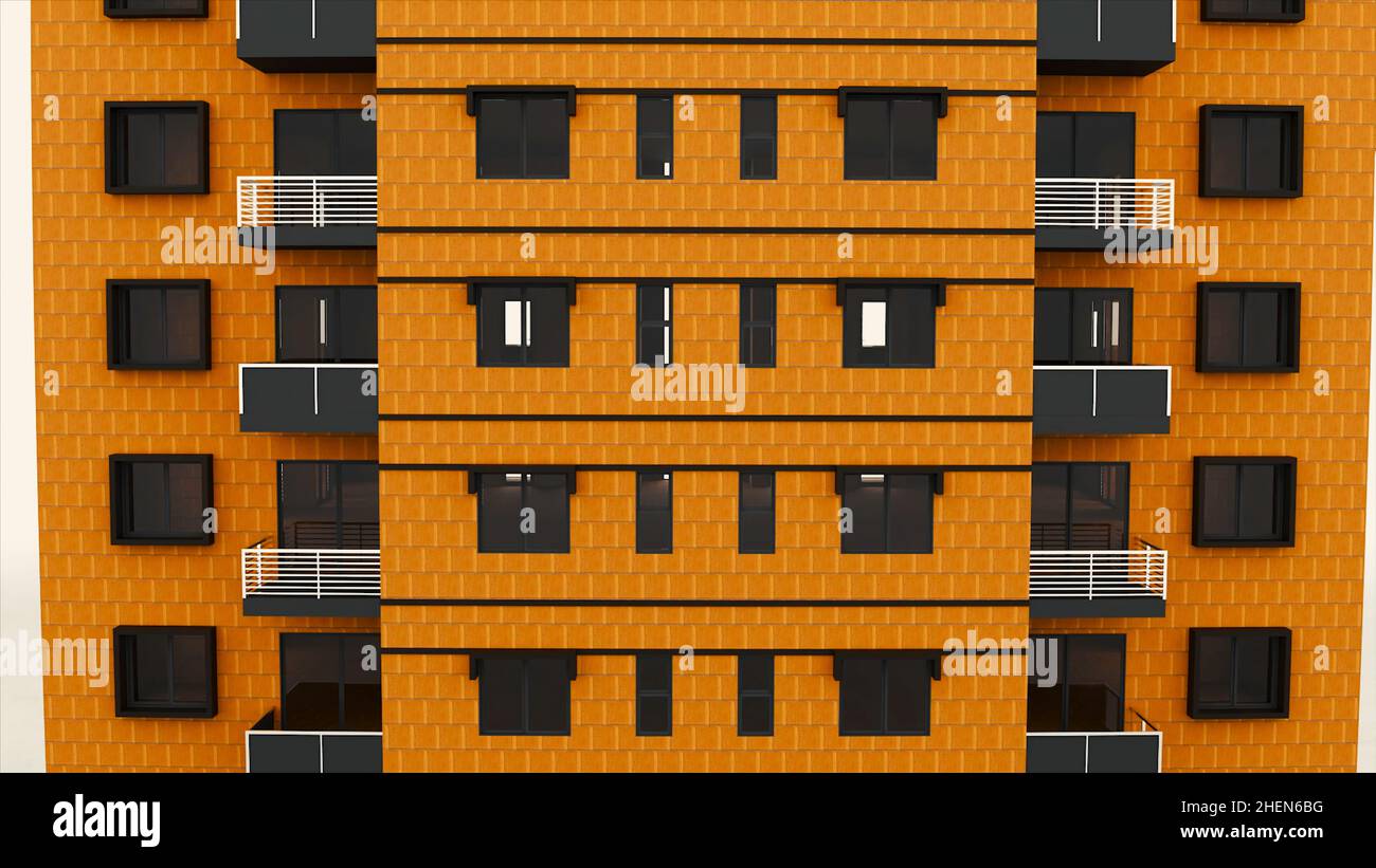 Abstract facade of the residential high-rise building isolated on white ...