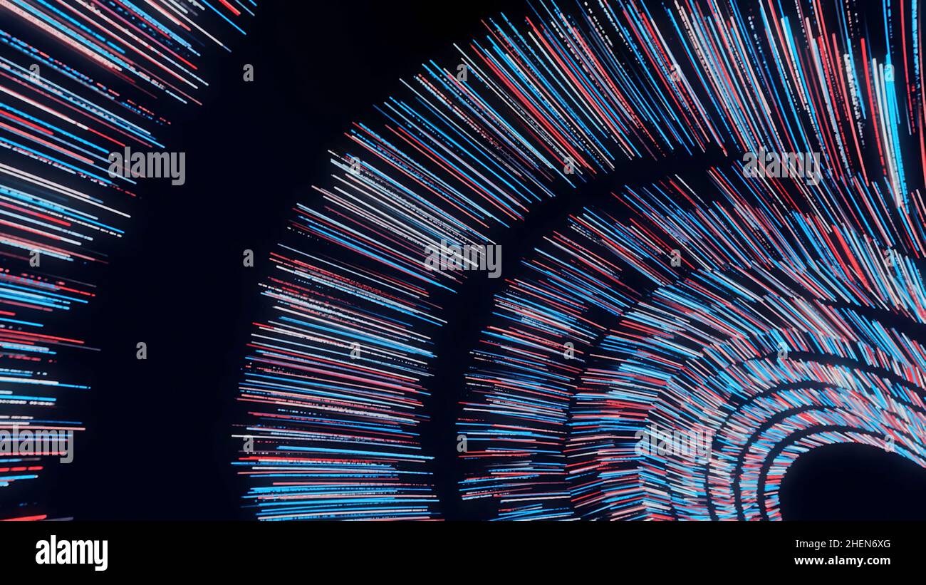 Abstract vortex of blue and red circles spinning on black background ...