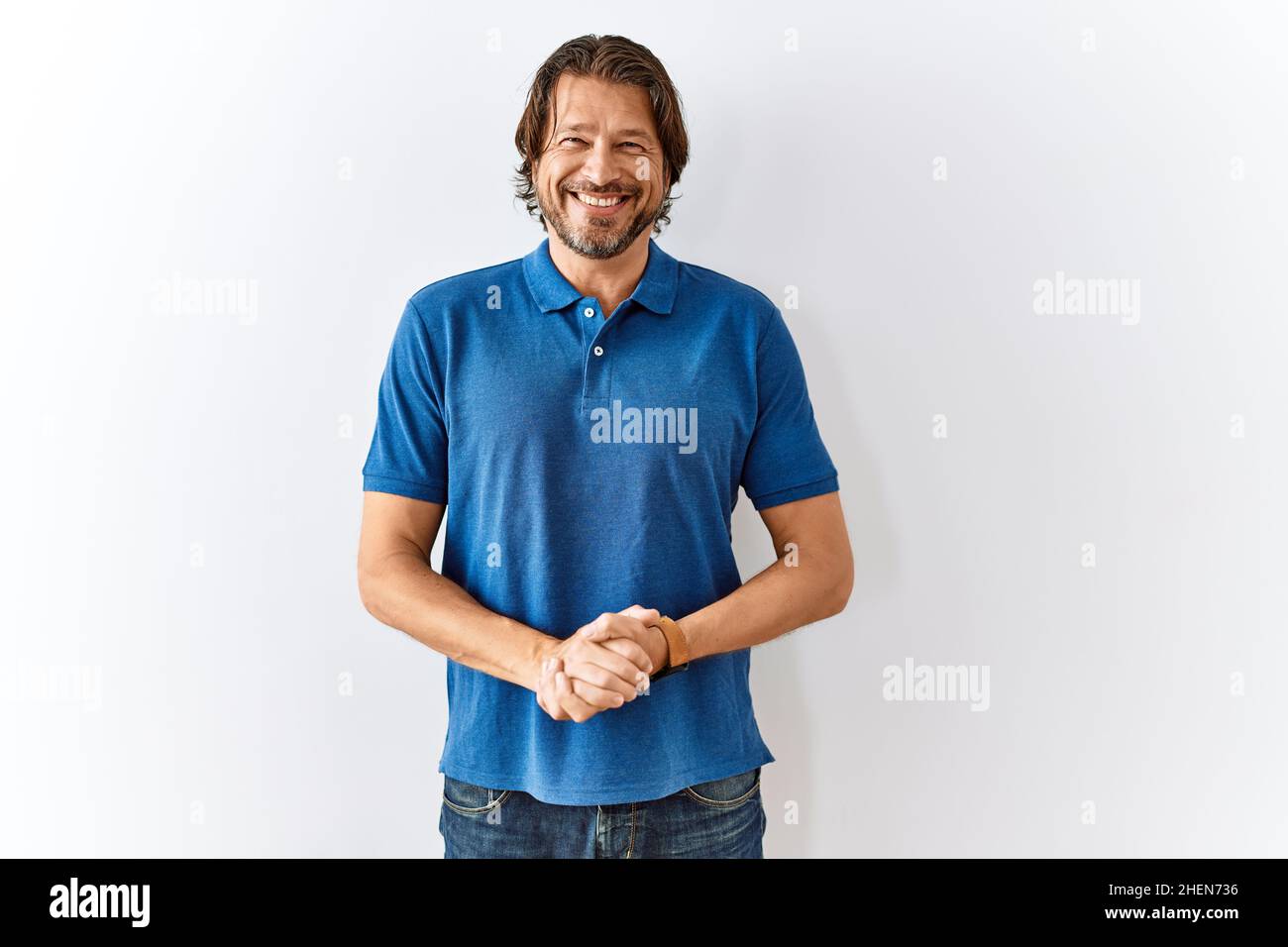 Handsome middle age man standing together over isolated background with ...