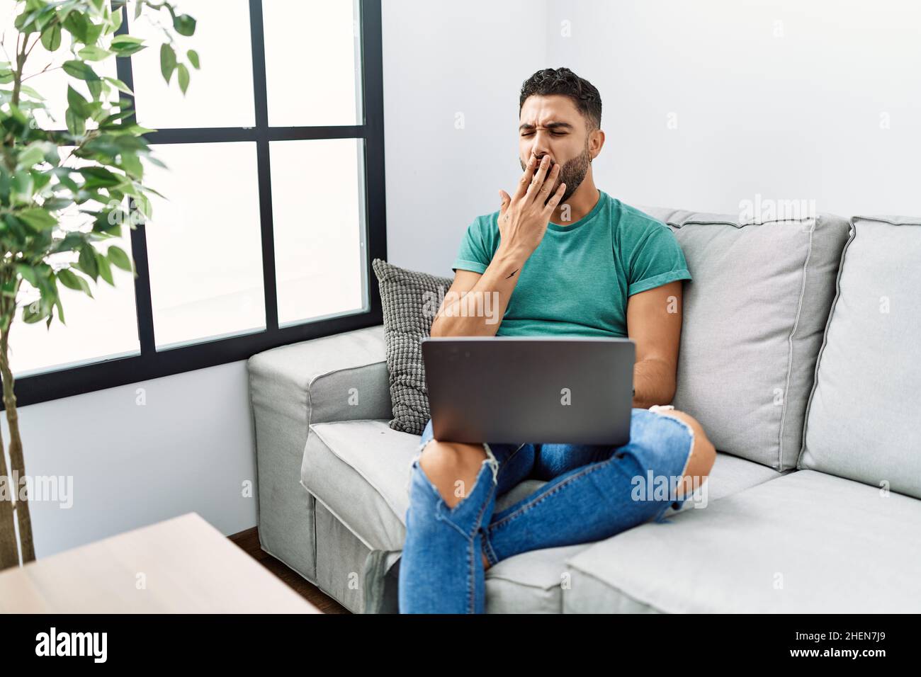 Young handsome man with beard using computer laptop sitting on the sofa ...