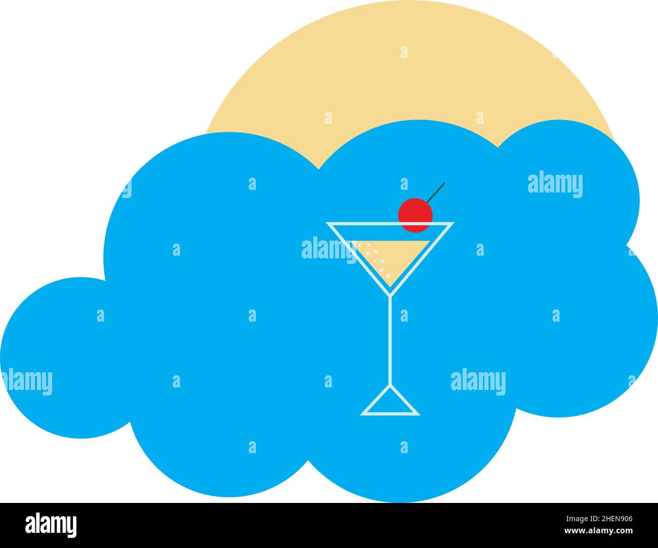 Filled triangular cocktail glass with a cherry on a background of blue ...