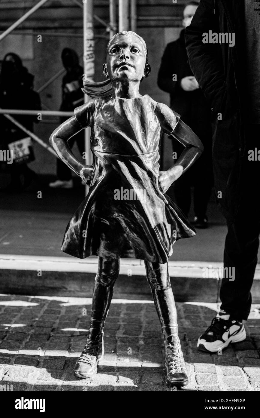 Fearless Girl, a bronze sculpture by Kristen Visbal, outside the New ...