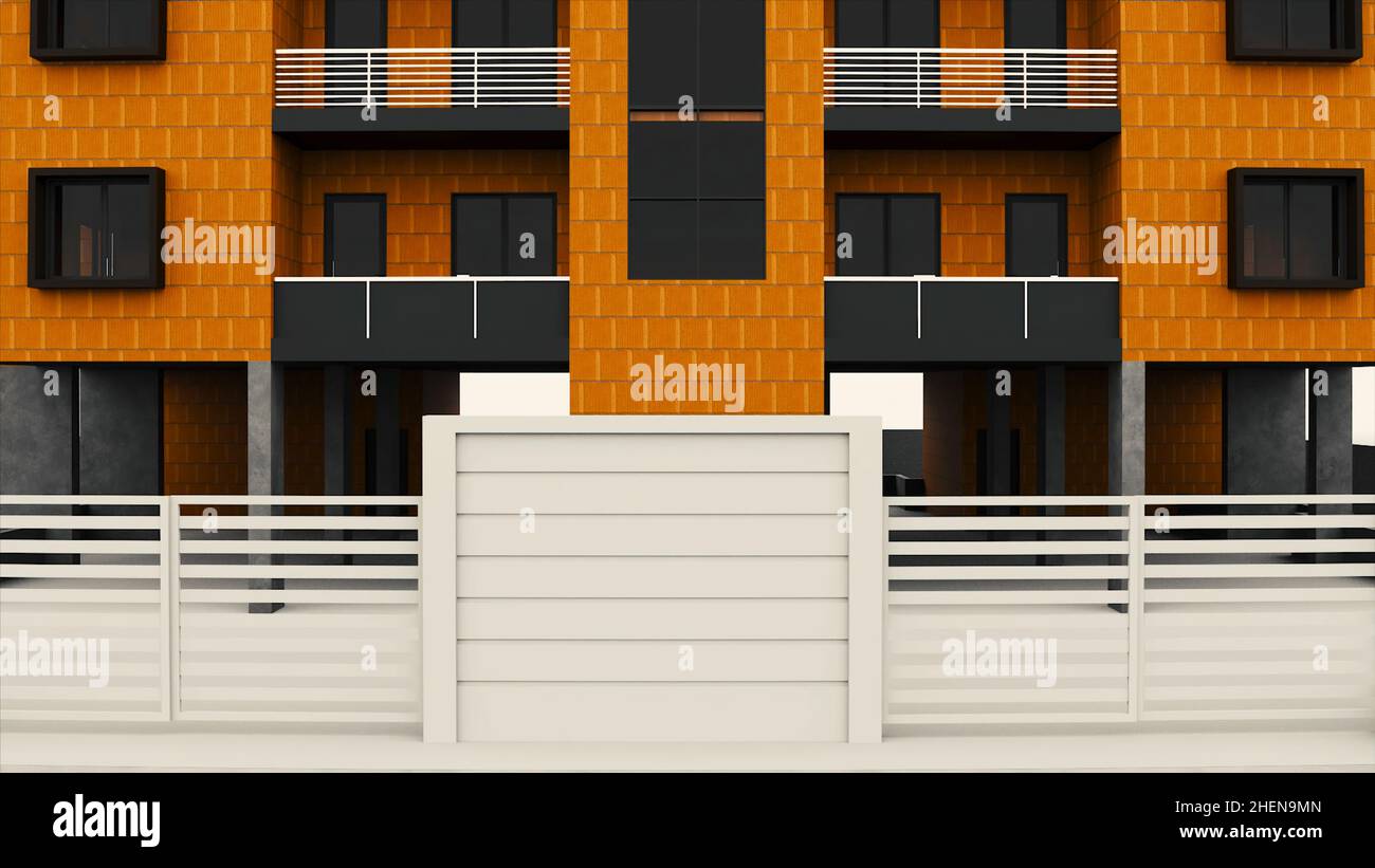 Abstract facade of the residential high-rise building isolated on white ...