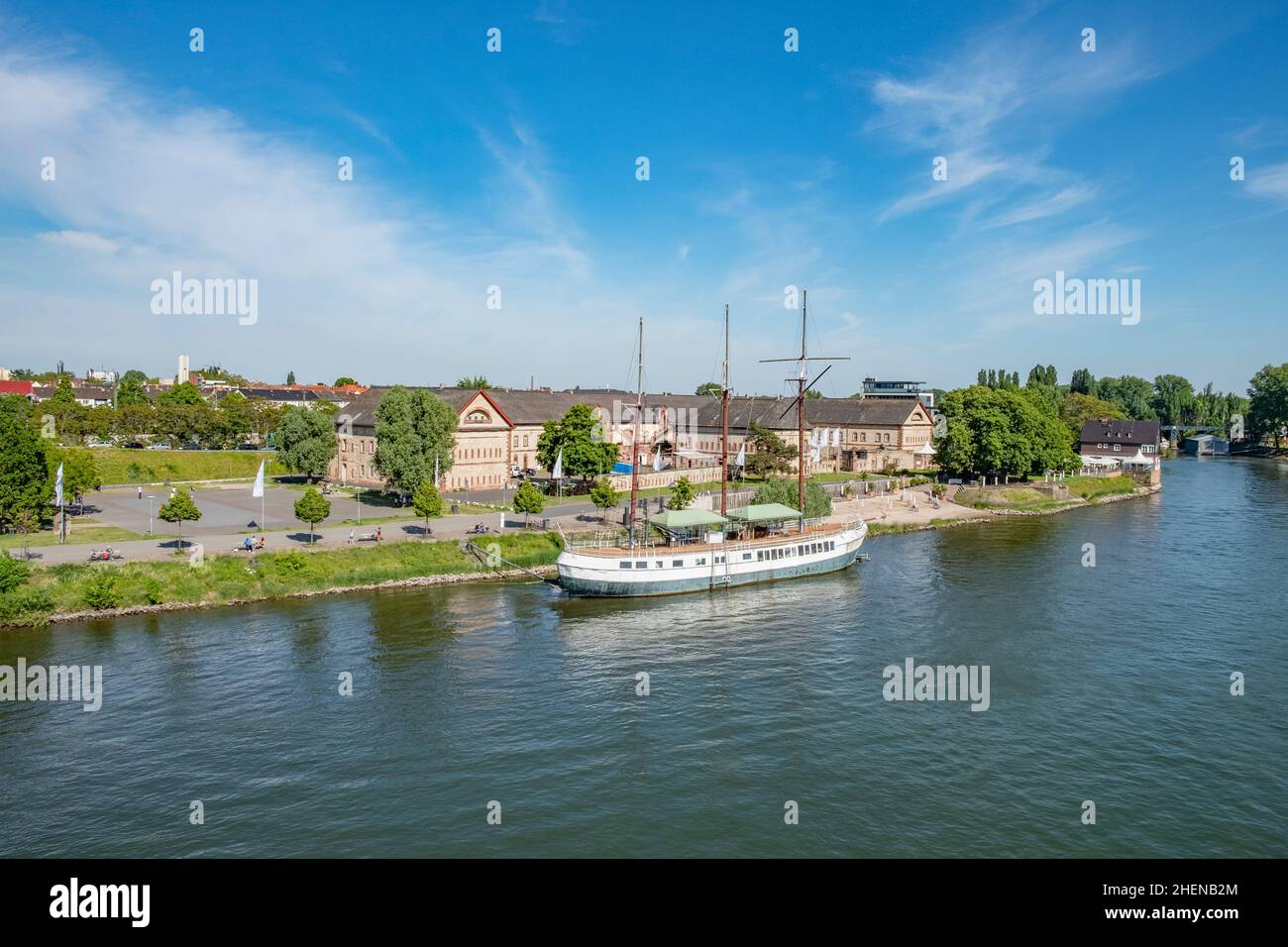 view to the old Bastion with historic ship in Mainz Kastel under blue ...