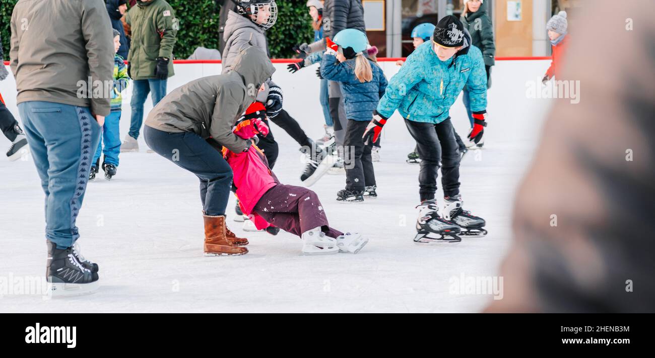 Slovakia.Bratislava.05.01.2020.Outdoor.Winter sport.People ice skating ...