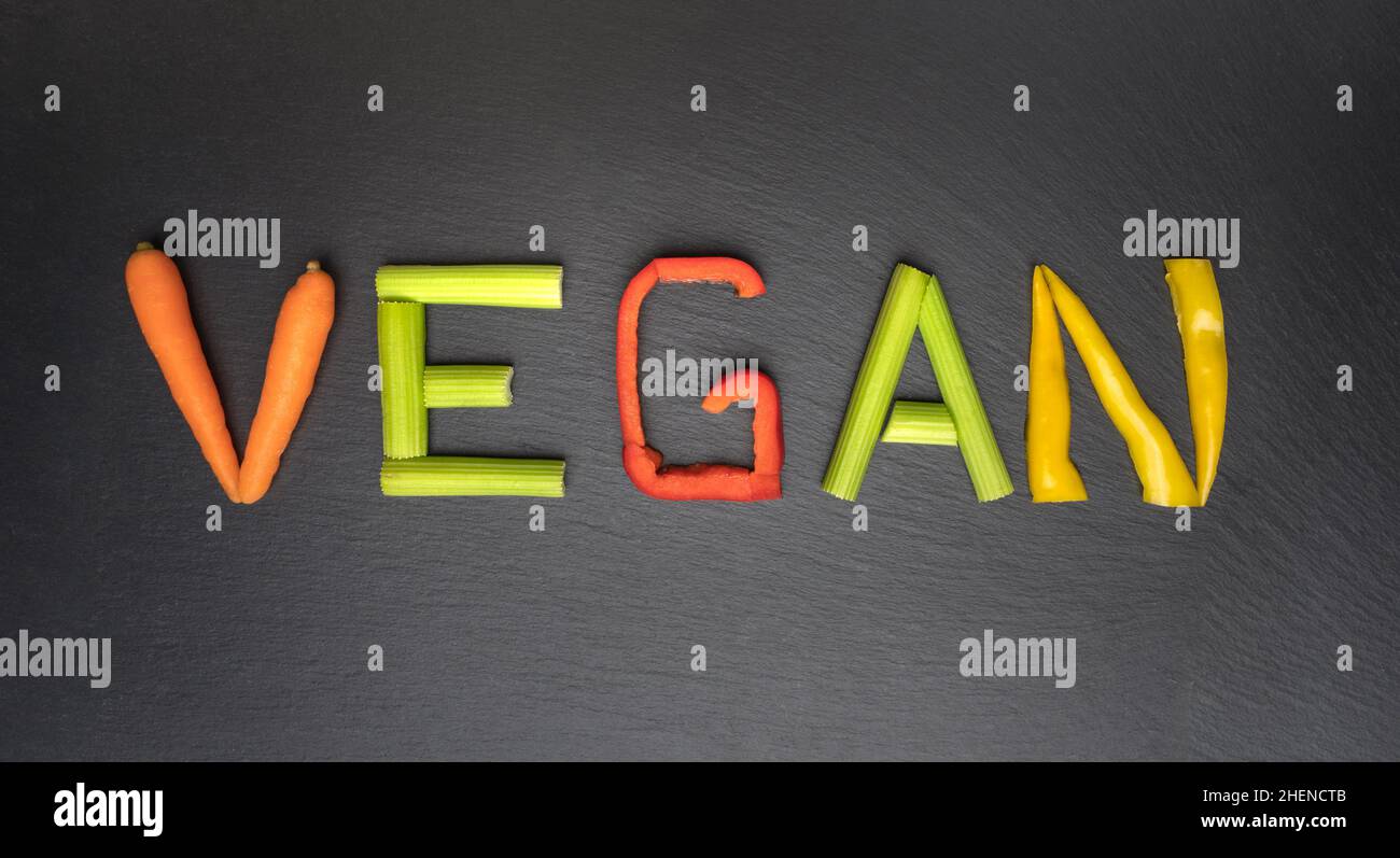 Vegan food and vegan diet concept. Word vegan written with vegetables ...