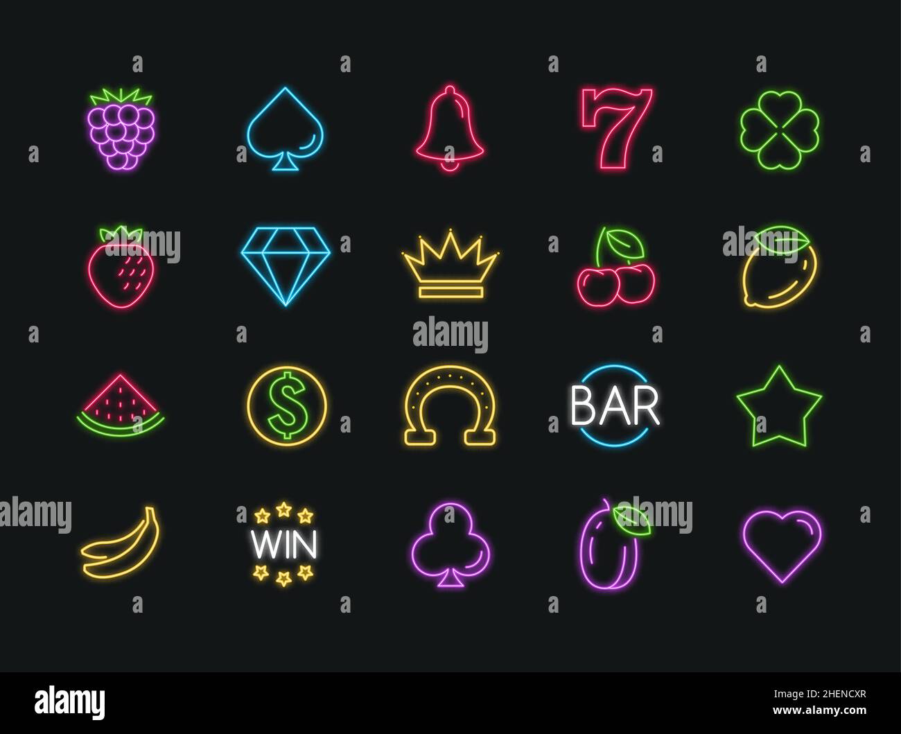 Neon casino slot icon set. Slot machine gamble neon symbol cherry fruit ...