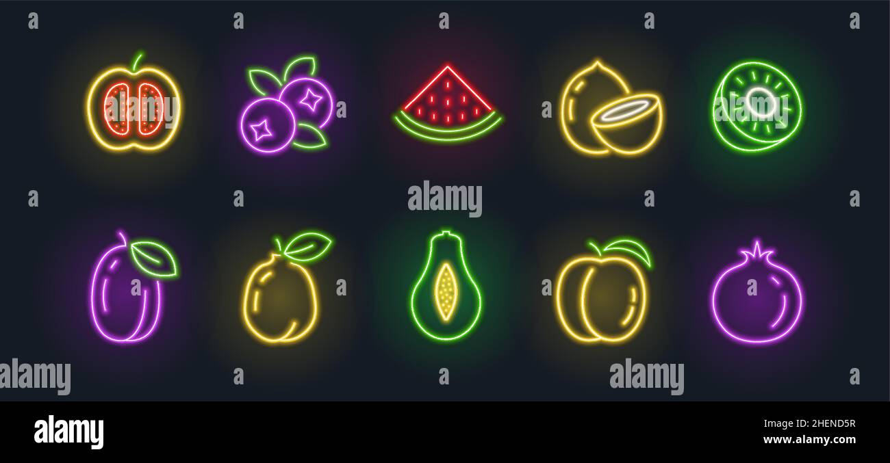 Neon fruit icon lemon peach apple food. Vector neon fruits sign ...