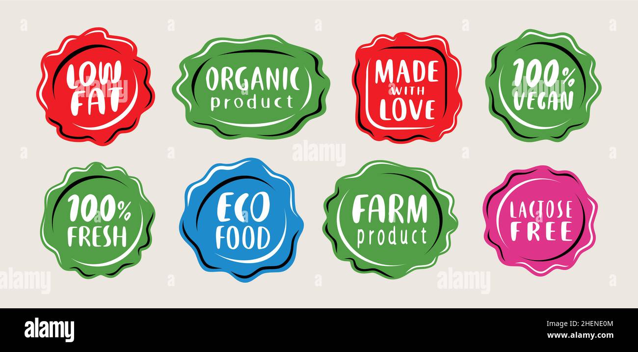 Vector organic labels, emblems for natural products packaging. Fresh ...