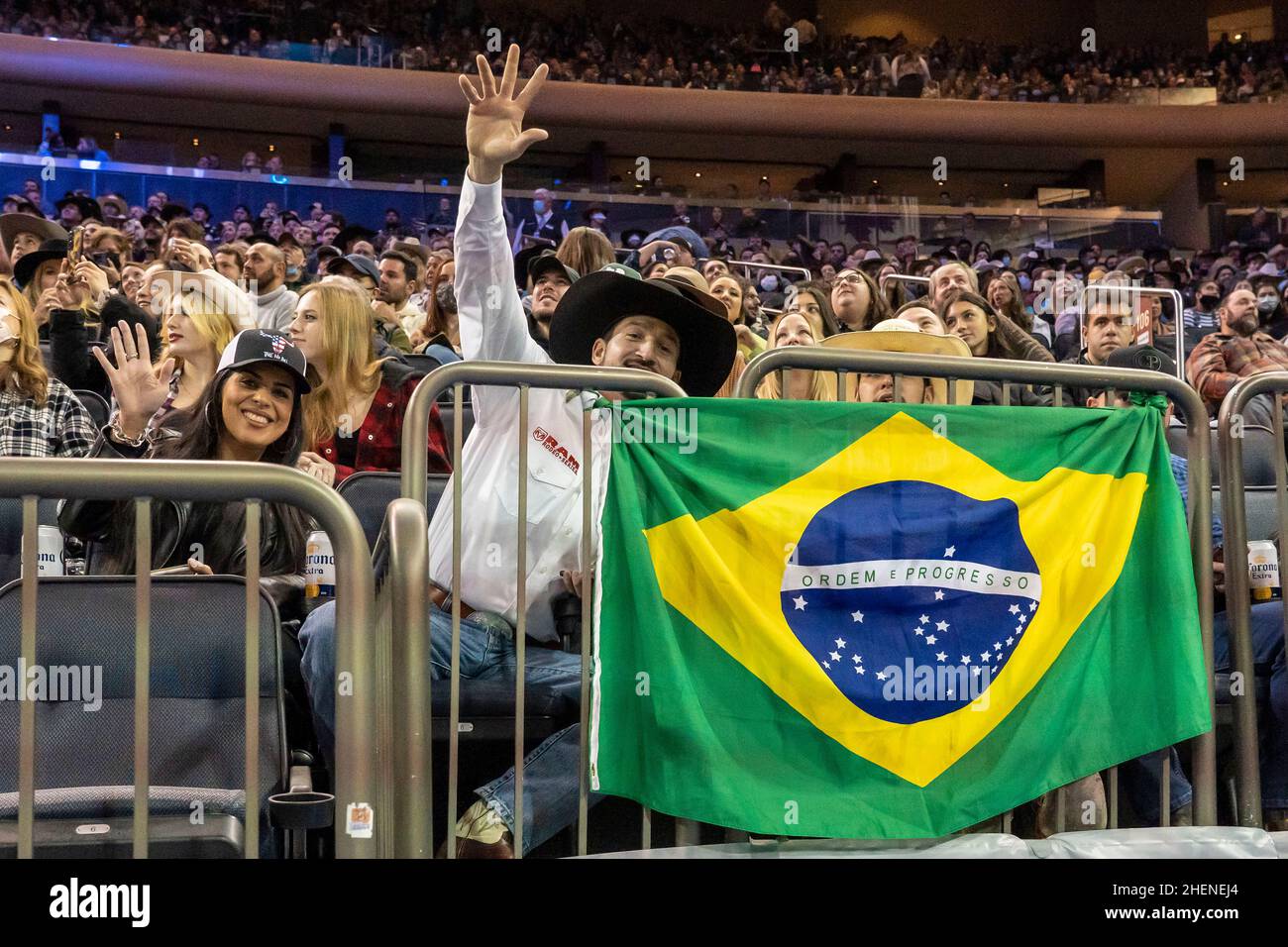NEW YORK, NY - JANUARY 08: Spectators display the Brazilian Flag during ...