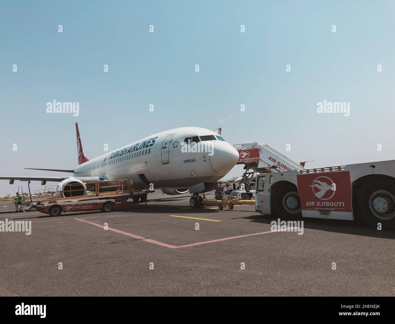 Djibouti, Djibouti - May 21, 2021: Turkish Airlines plane and putting ...