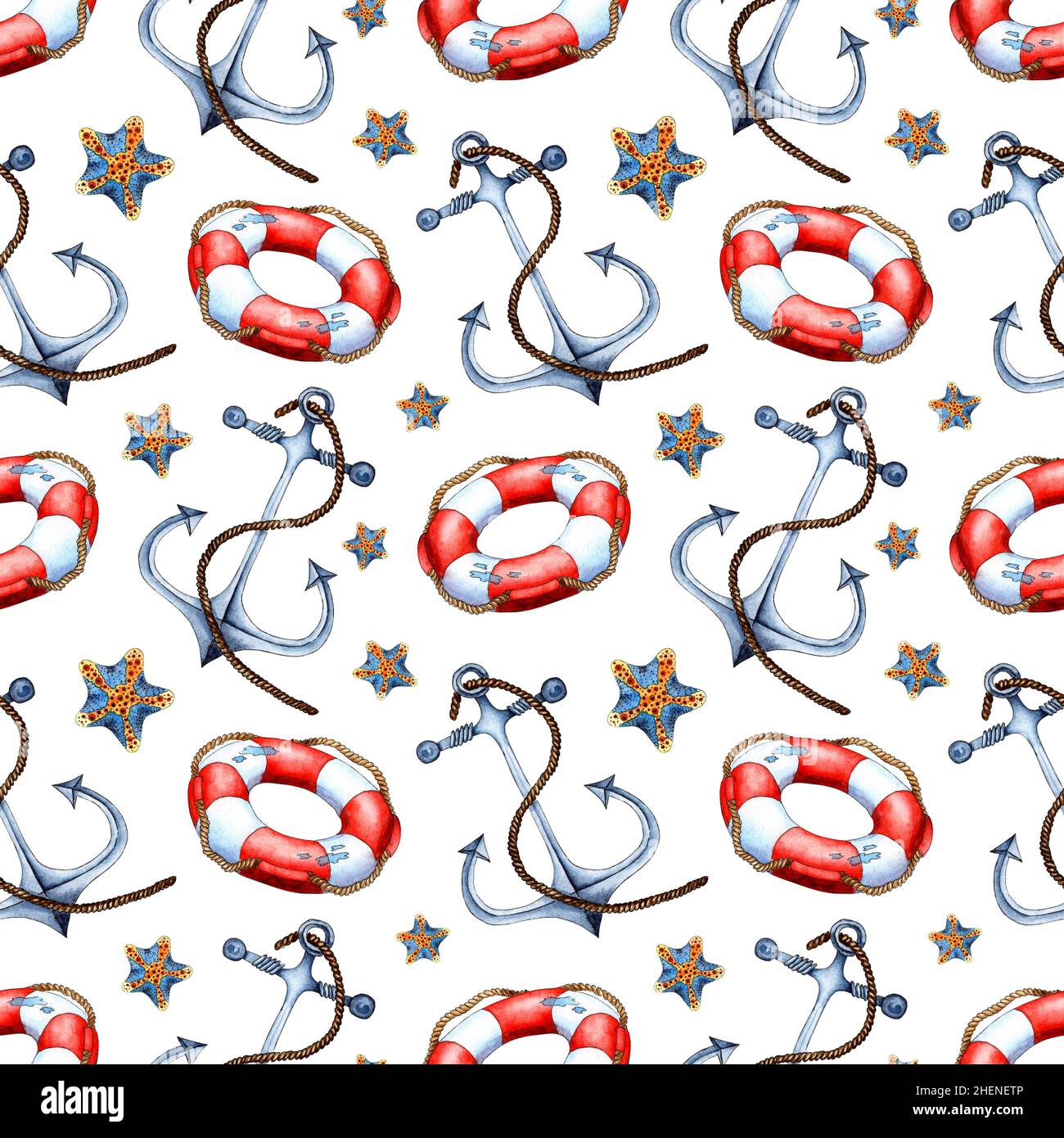 Watercolor illustration of a red and white lifebuoy pattern with ropes ...