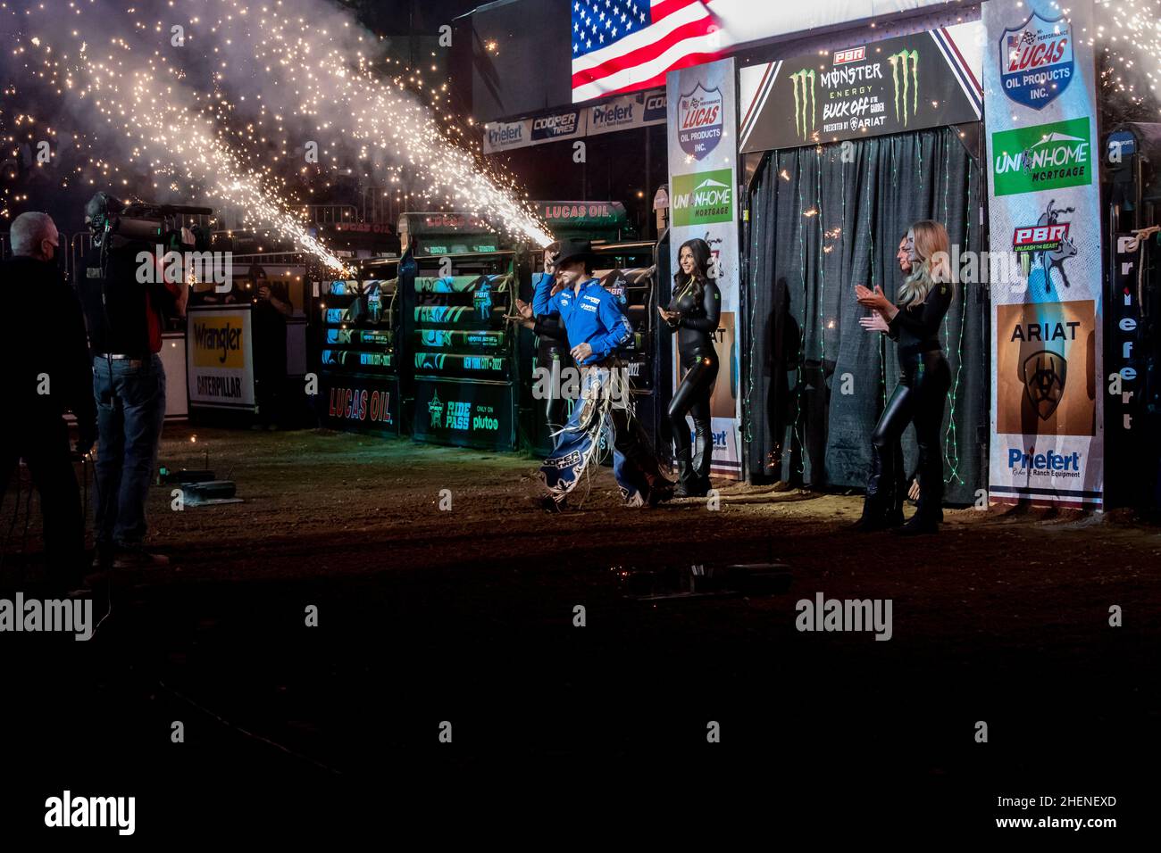 NEW YORK, NY - JANUARY 08: Bull rider enters the field during the ...