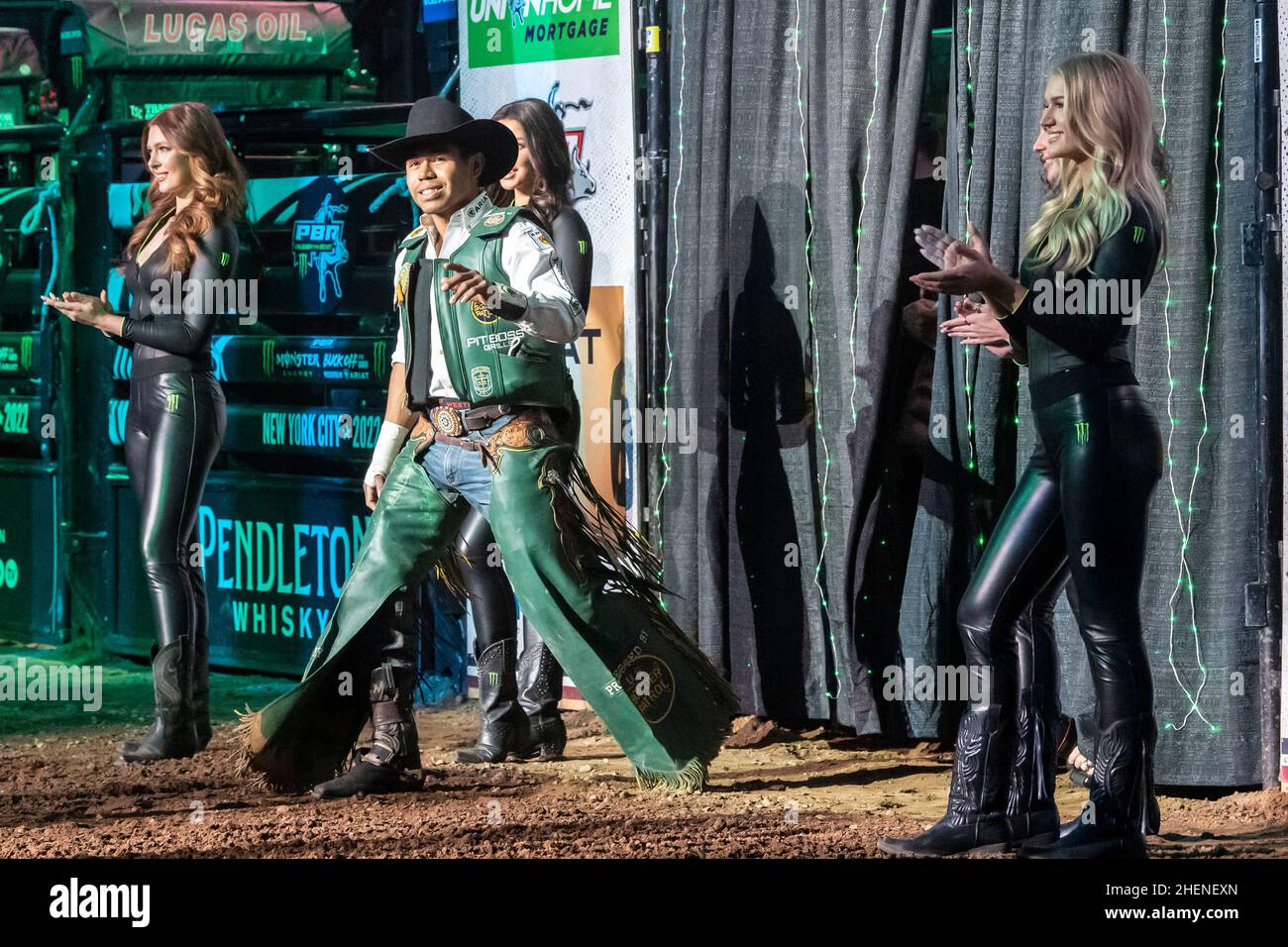 NEW YORK, NY - JANUARY 08: Bull rider enters the field during the ...