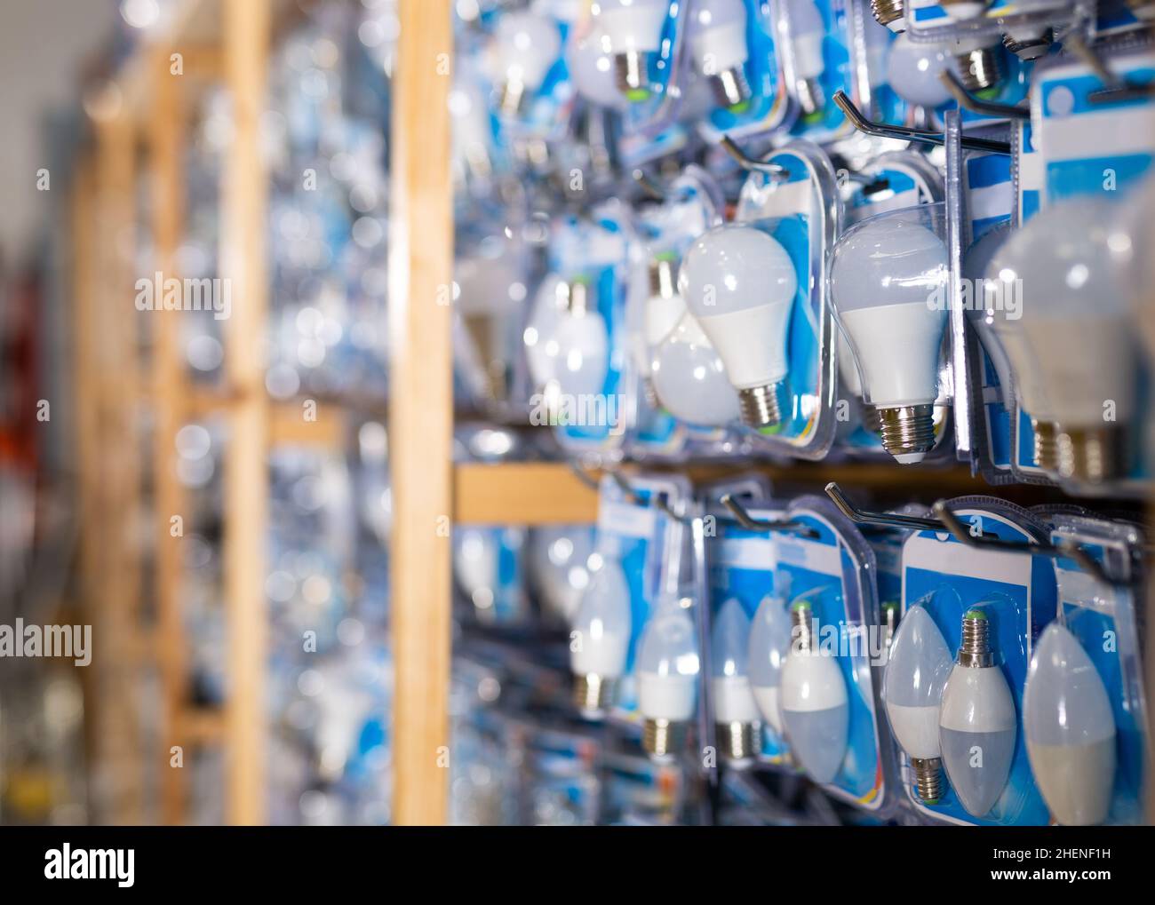 Light bulbs on display stand in household goods store Stock Photo - Alamy