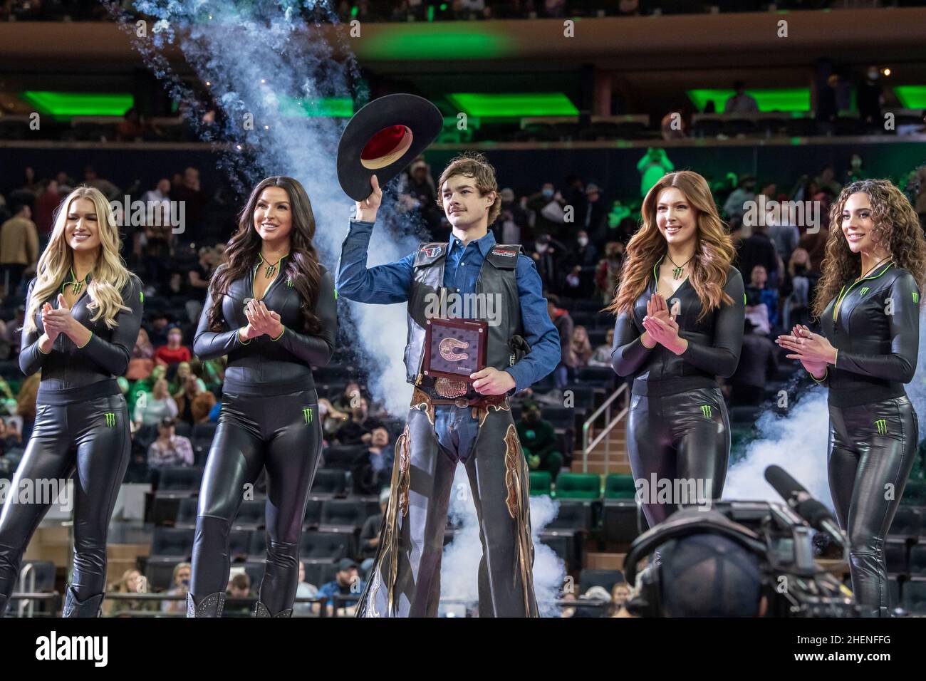 NEW YORK, NY - JANUARY 08: Kyler Oliver poses with Monster Energy Girls ...