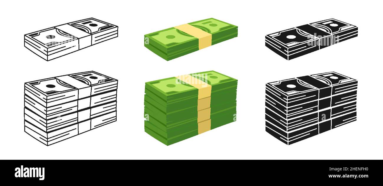 Money cash dollar stack cartoon or stamp, doodle outline set. Heap bank ...