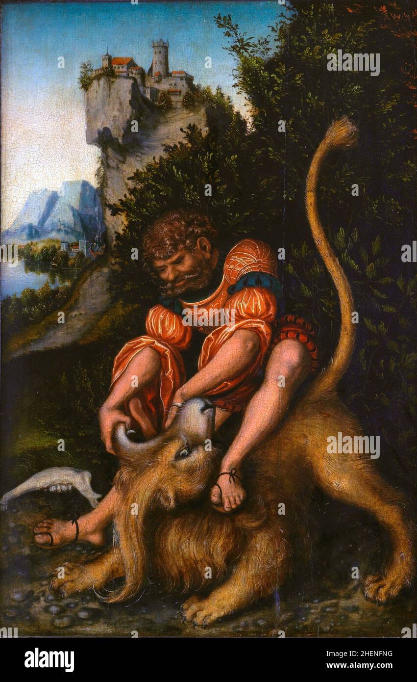 Samson tearing apart the Lion, painting by Lucas Cranach Stock Photo ...
