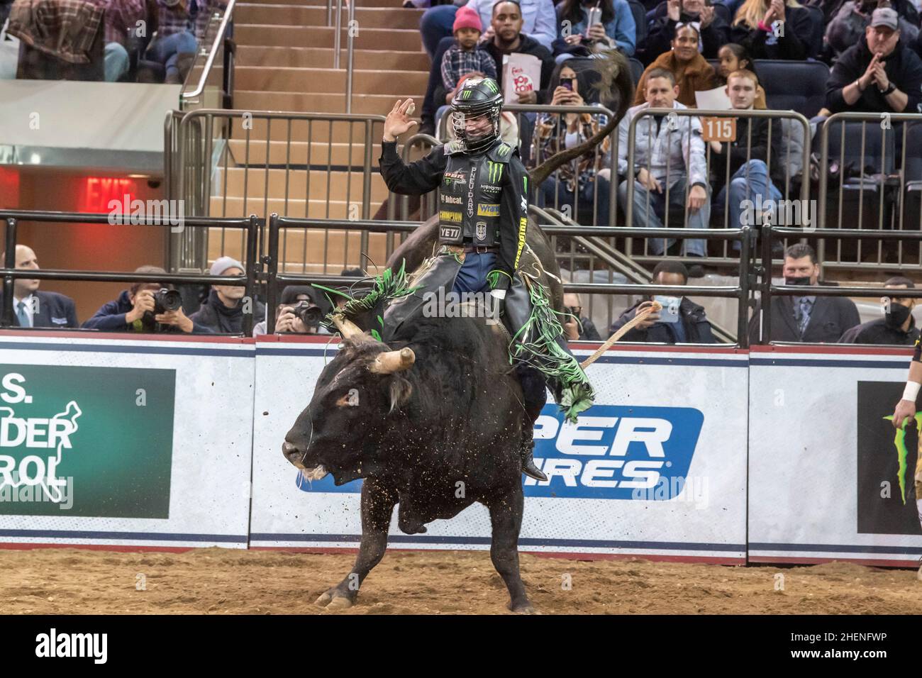Jess Lockwood rides Out Of The Blue during the Professional Bull Riders ...