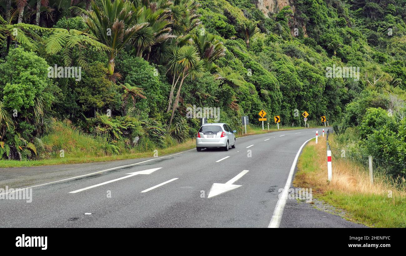 Arrows on a South Island NZ rural road remind drivers to keep left ...
