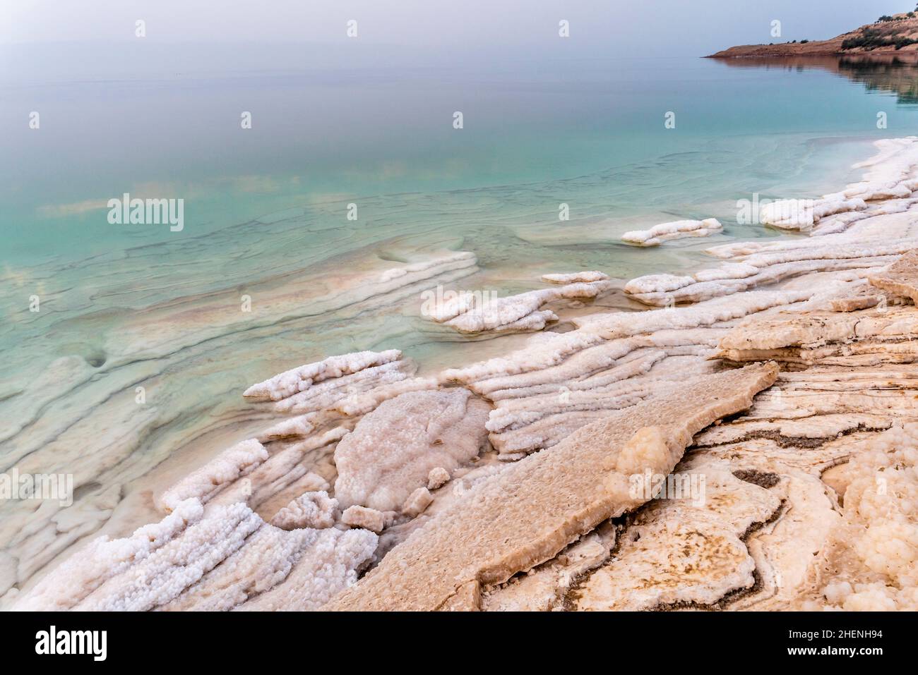 Salt Deposits On The Shore Of The Dead Sea, Jordan, Asia Stock Photo ...