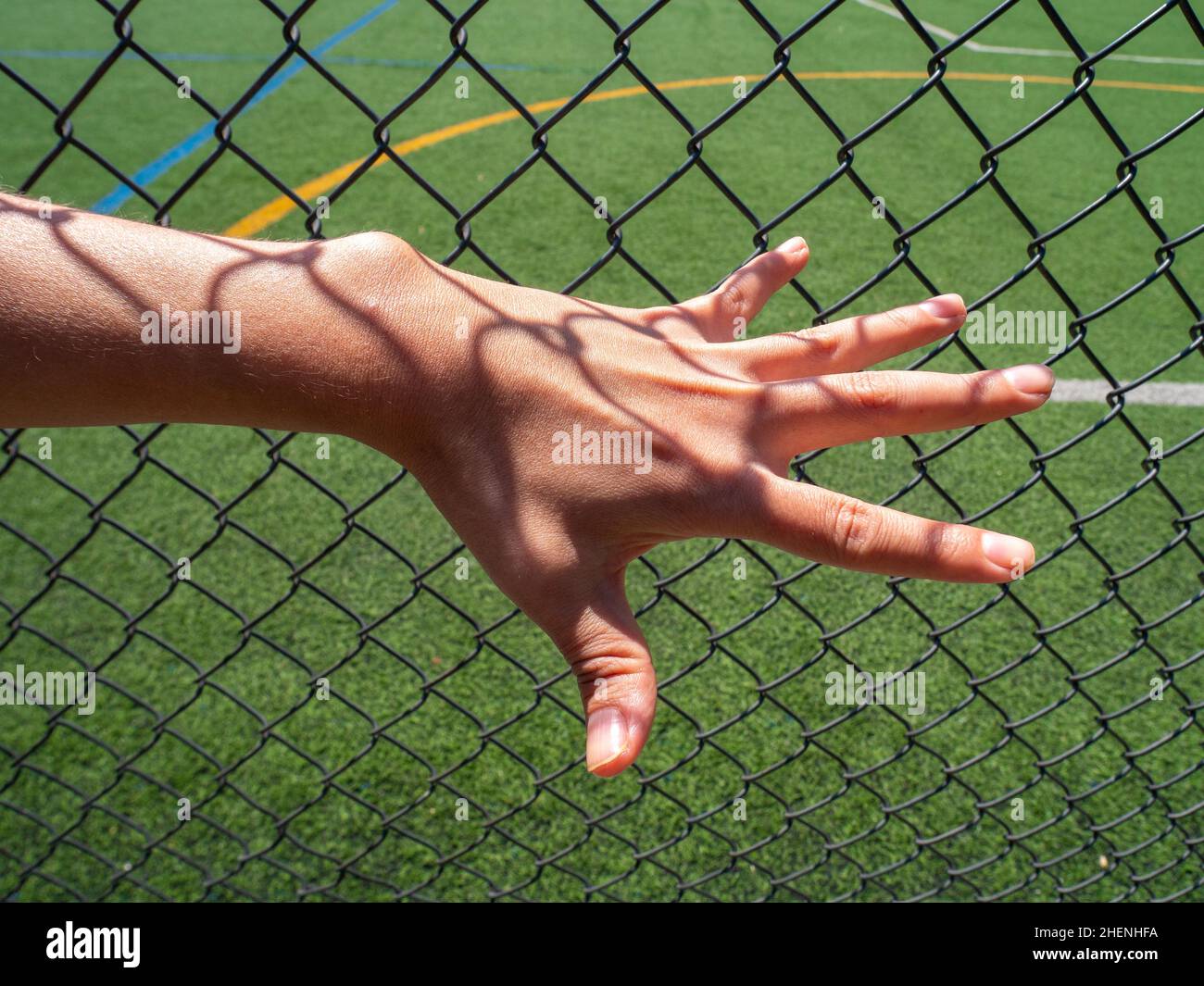 Brunette Woman's Hand with the Shadows of the Mesh Reflecting on her ...