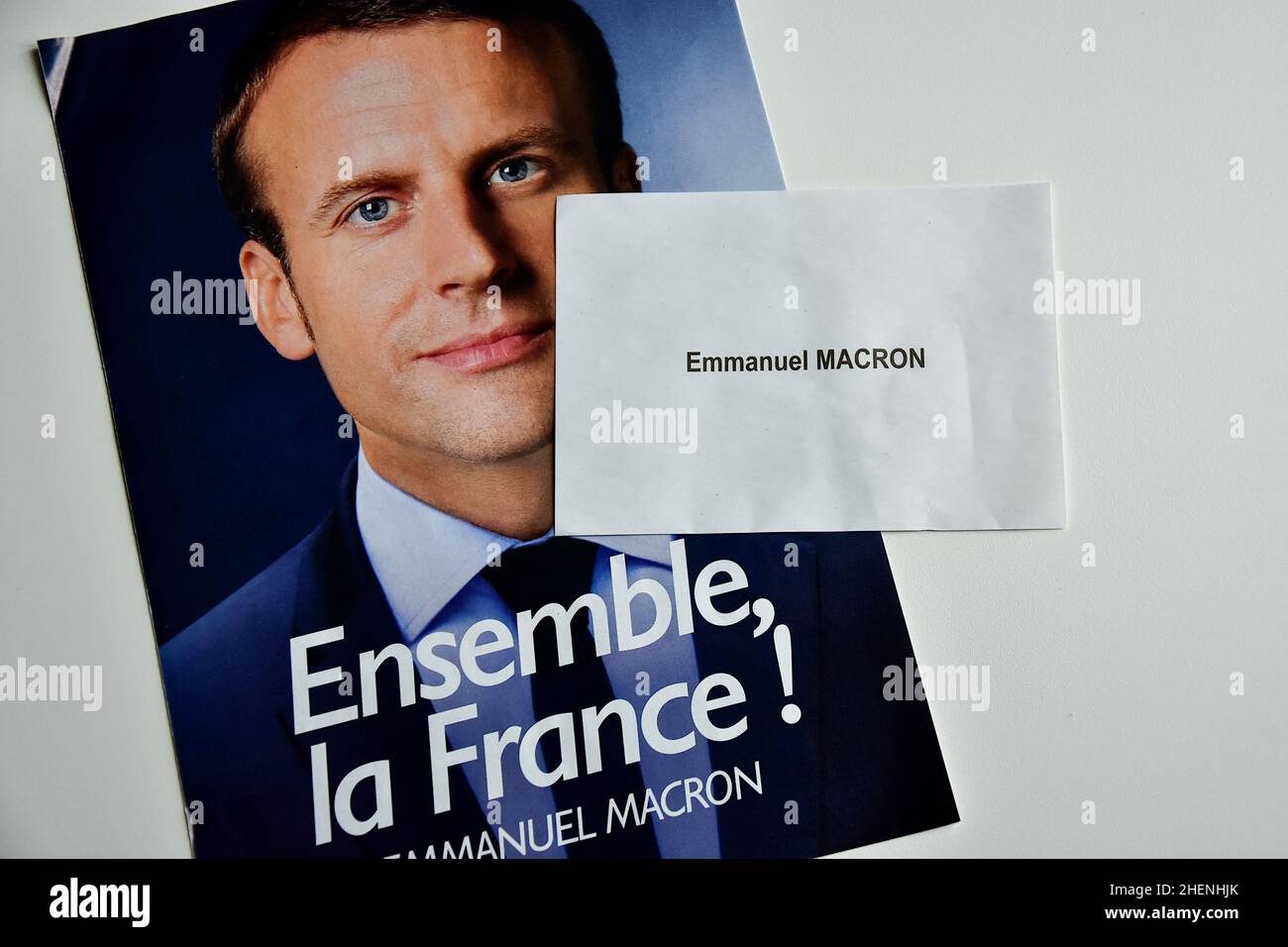 France. 10th Jan, 2022. In this photo illustration, Emmanuel Macron's ...