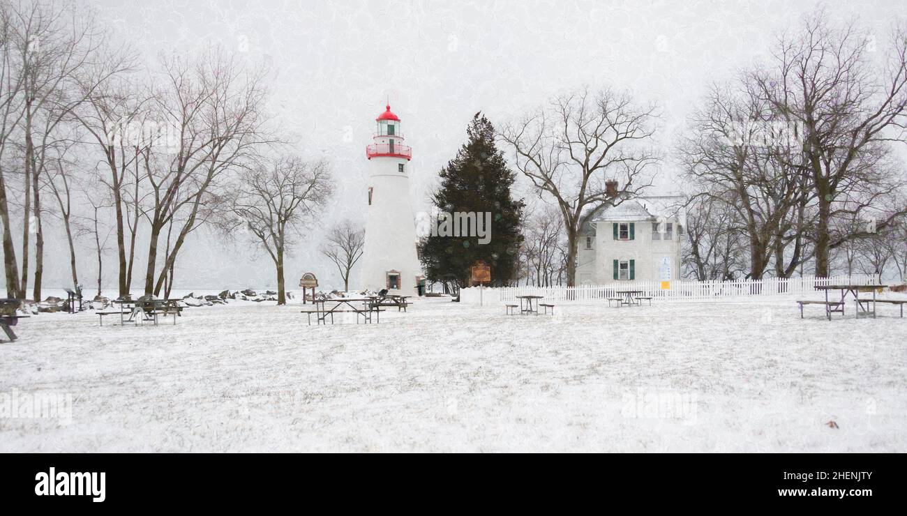 Artistic rendition of photo of Marblehead Lighthouse on a snowy day in ...