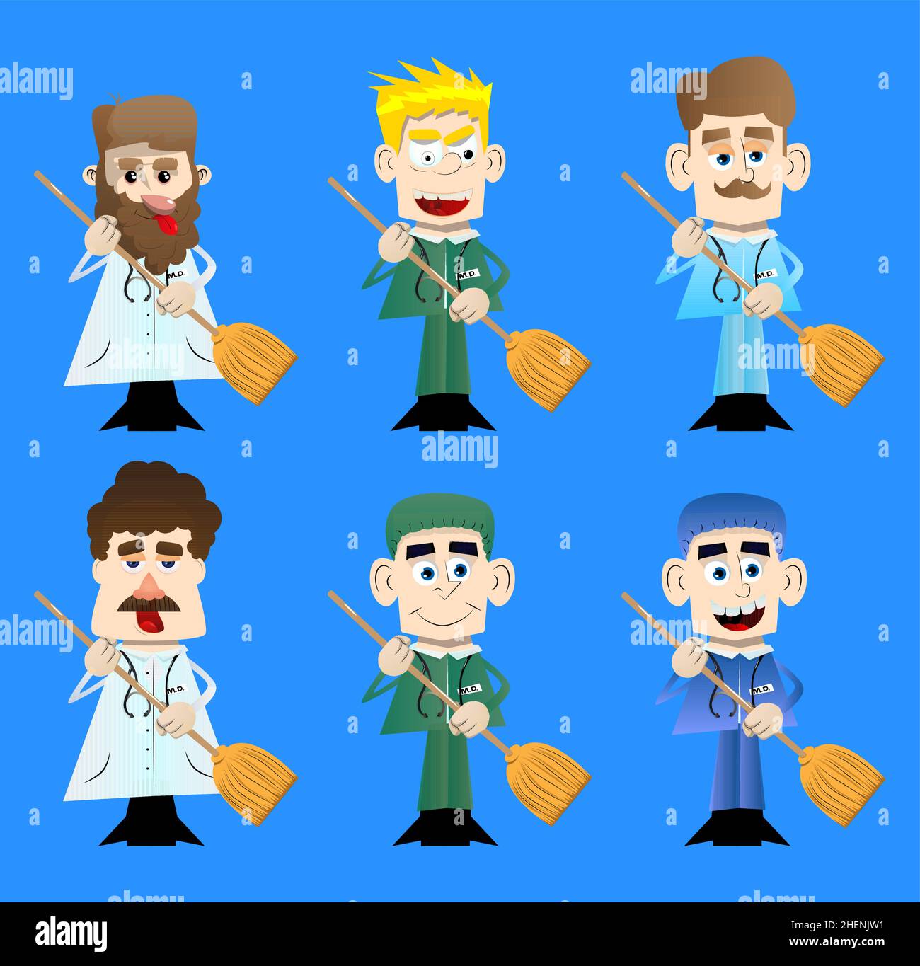 Funny cartoon doctor holding a broom. Vector illustration Stock Vector ...