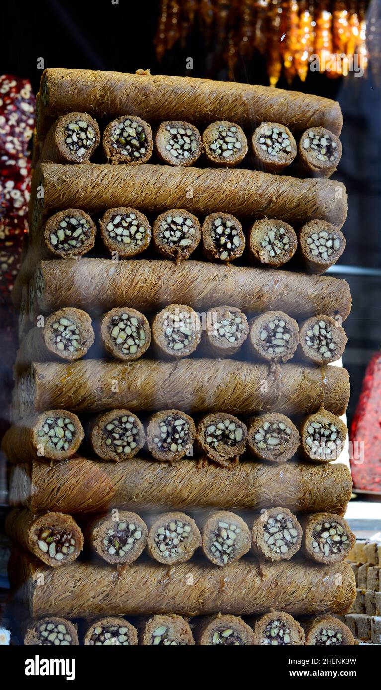 Baklava burma displayed in a Turkish pastry shop in Istanbul, Turkey ...