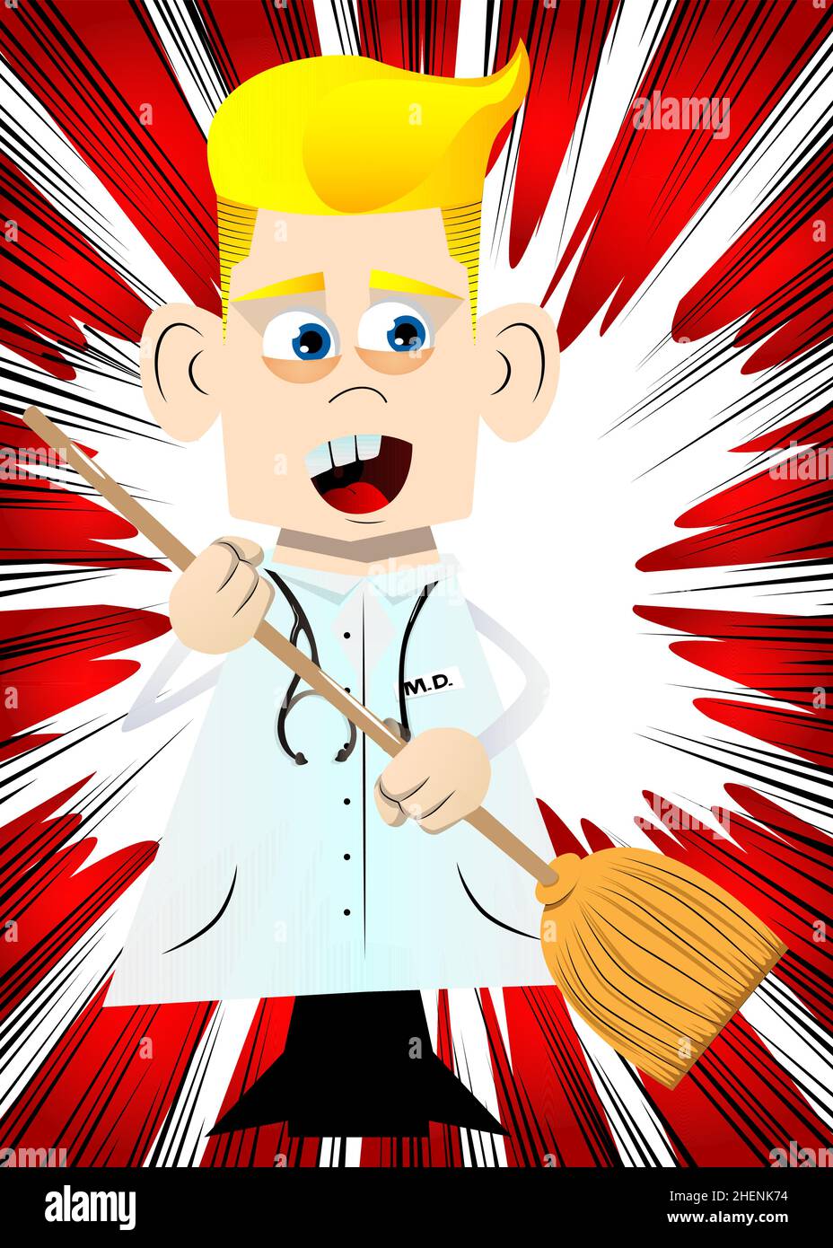 Funny cartoon doctor holding a broom. Vector illustration Stock Vector ...