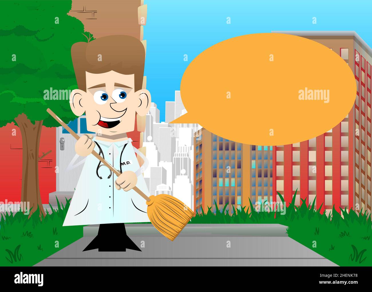 Funny cartoon doctor holding a broom. Vector illustration Stock Vector ...