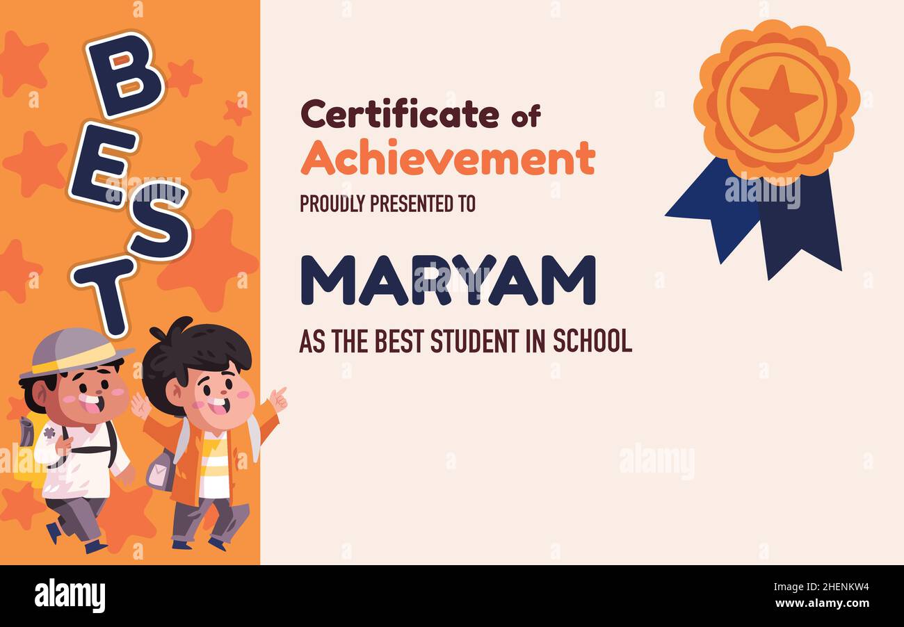 Certificate of achievement best student in school kids orange color ...