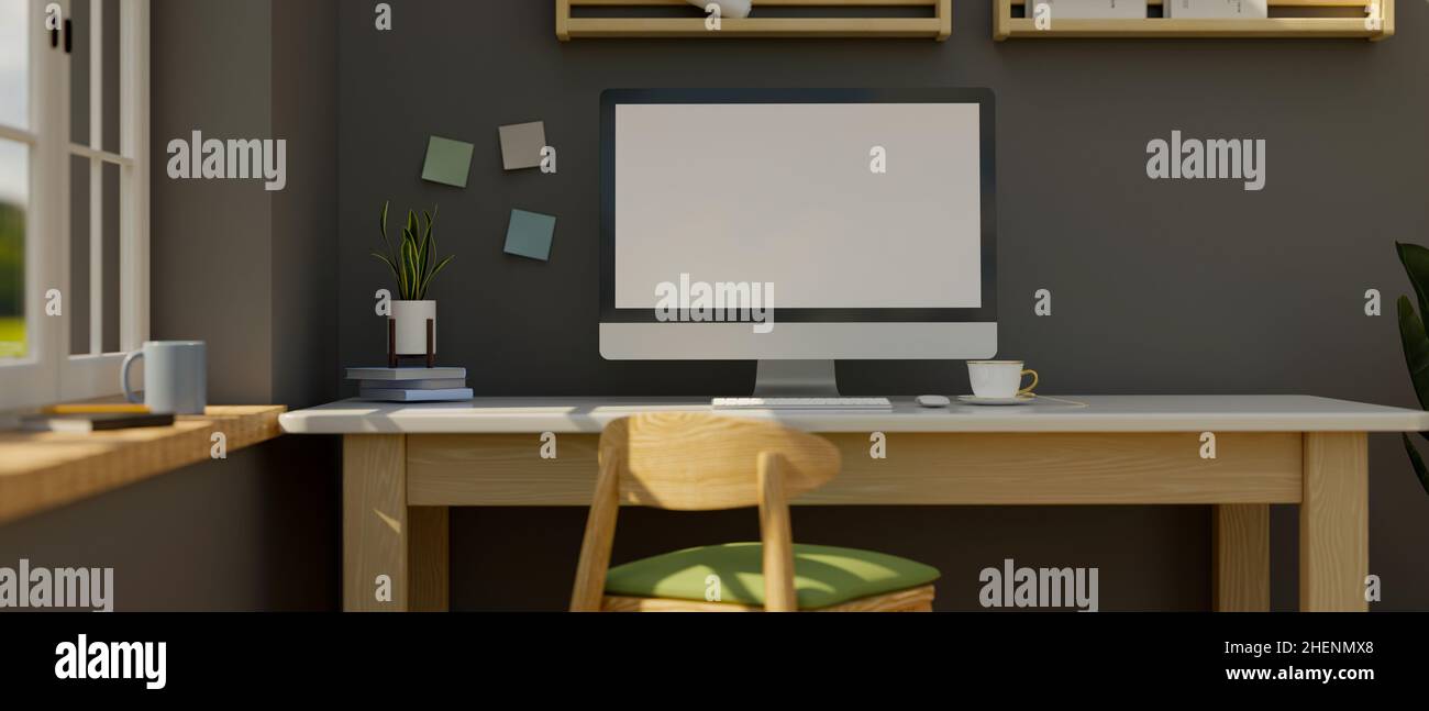 Modern working table or study table in home office with pc desktop ...