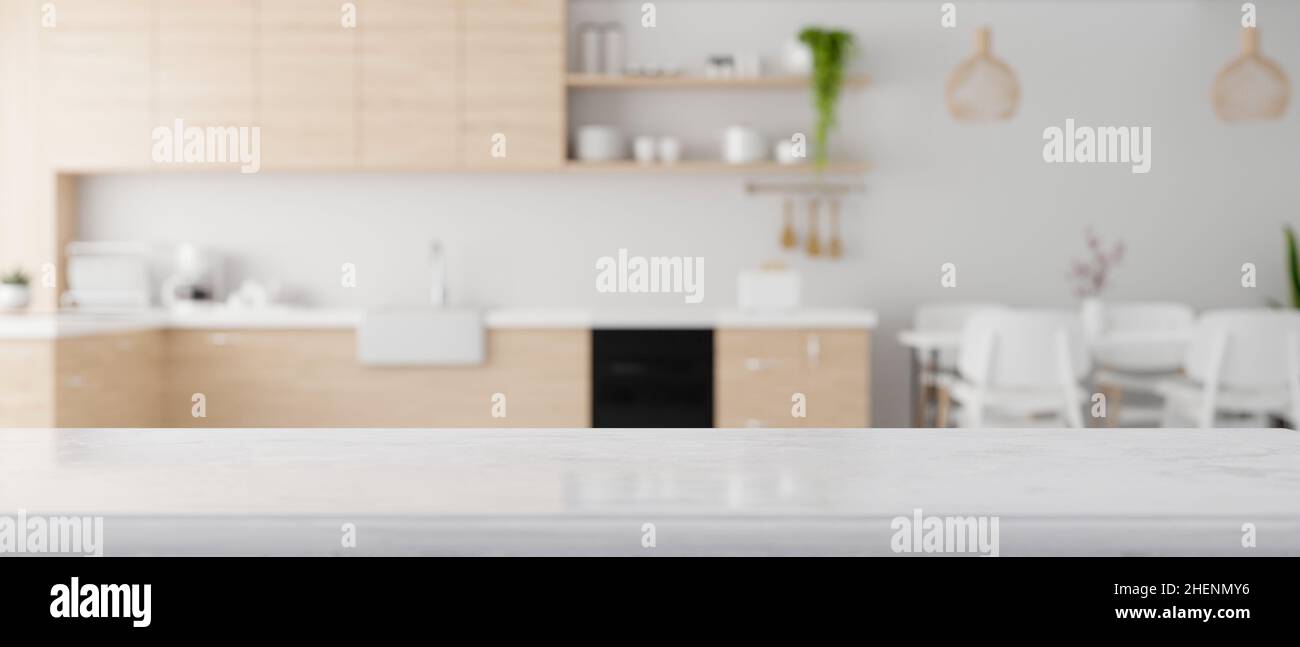 3d rendering, White granite kitchen countertop for montage your product over modern Scandinavian ...