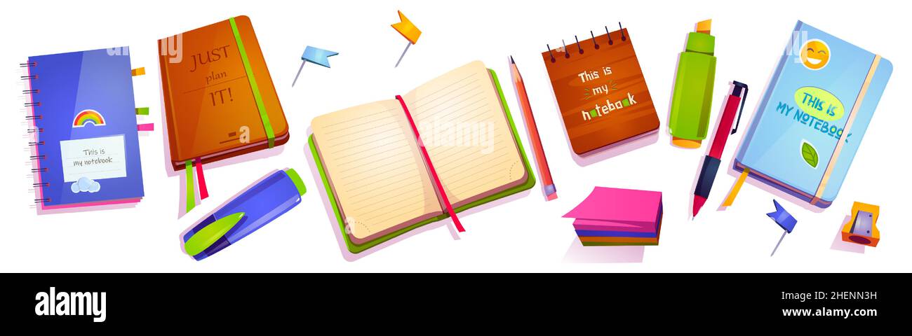 Stationery for school and office. Vector cartoon icons of education ...