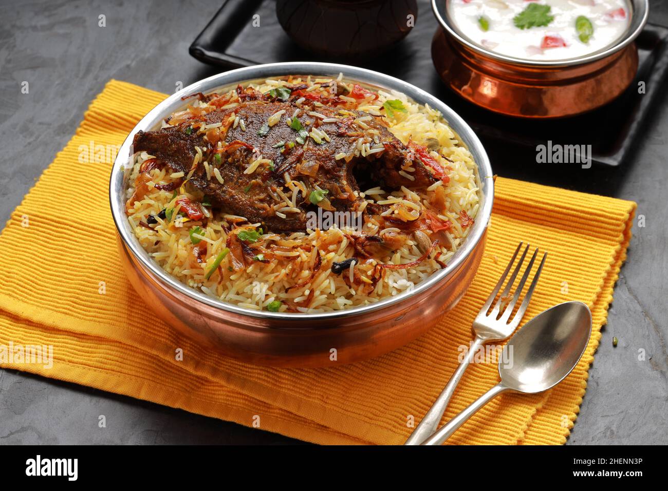 Fish Biriyani, South Indian style fish biriyani arranged traditionally ...