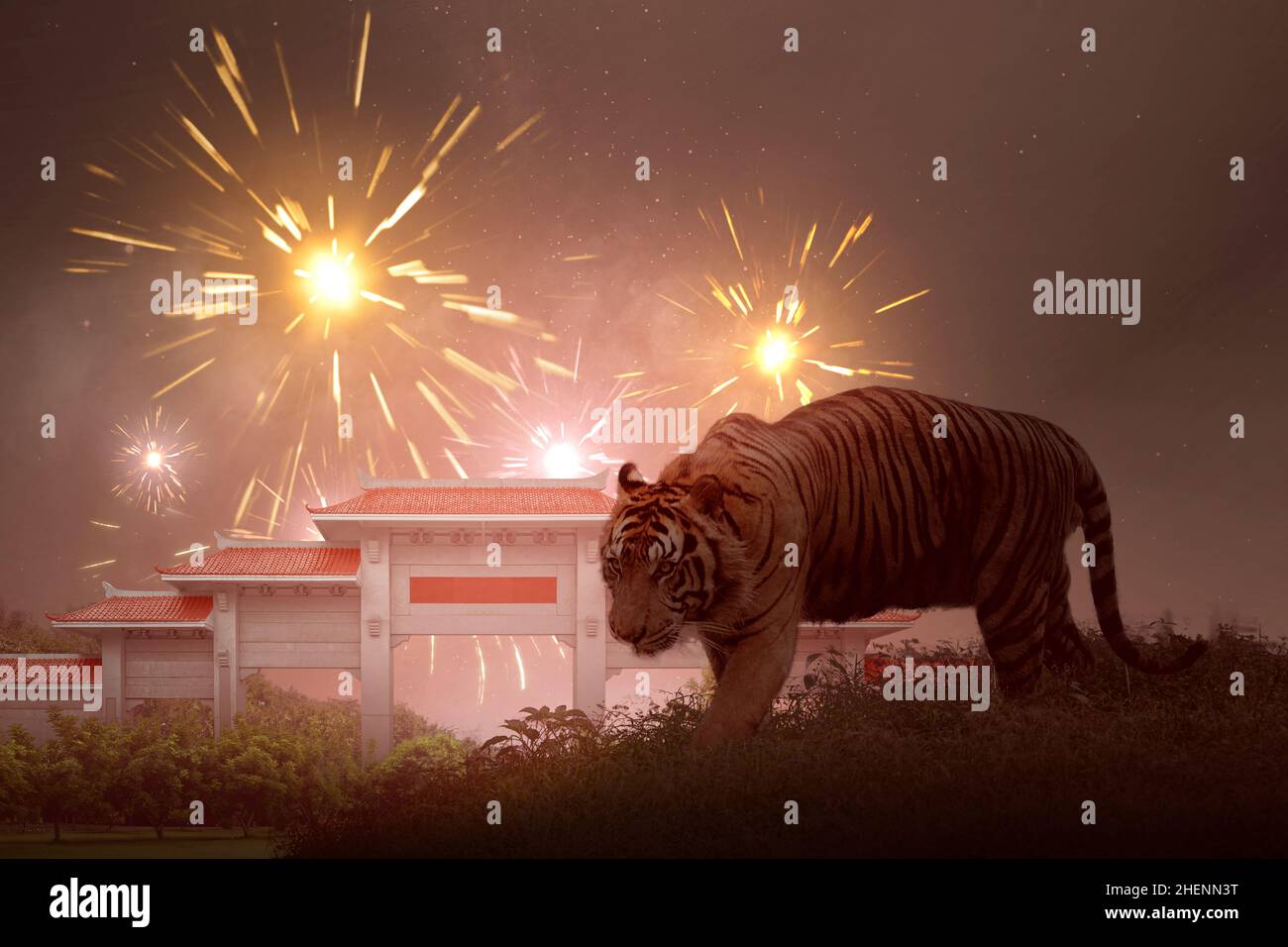 Chinese pavilion gate with red roof with tiger and fireworks background ...