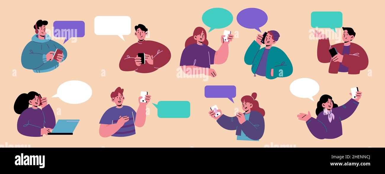 People with smartphones and speech bubbles. Young men and women using ...