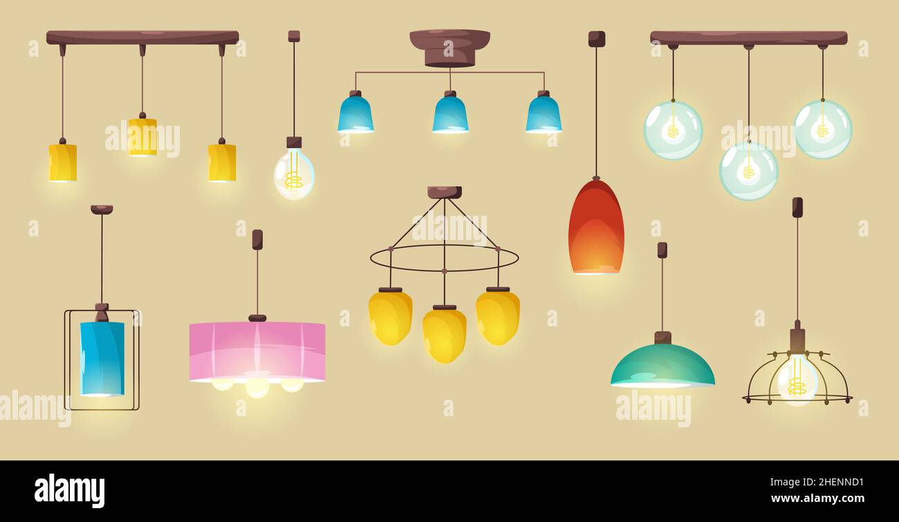 Ceiling lamps, glowing electric bulbs, modern lightbulbs of different ...