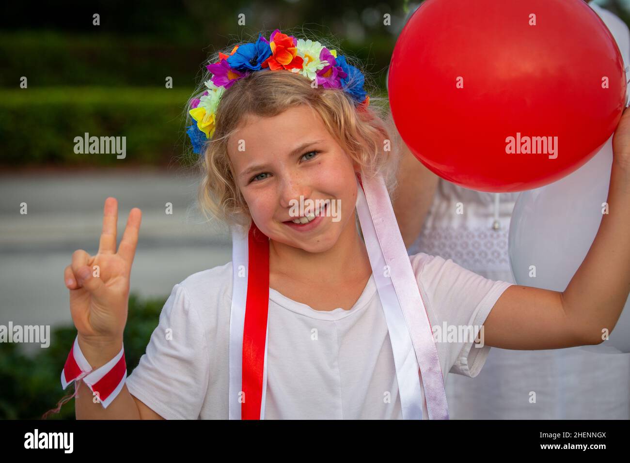 Belarus people at a protest against Lukashenko in Florida, USA. Signs ...