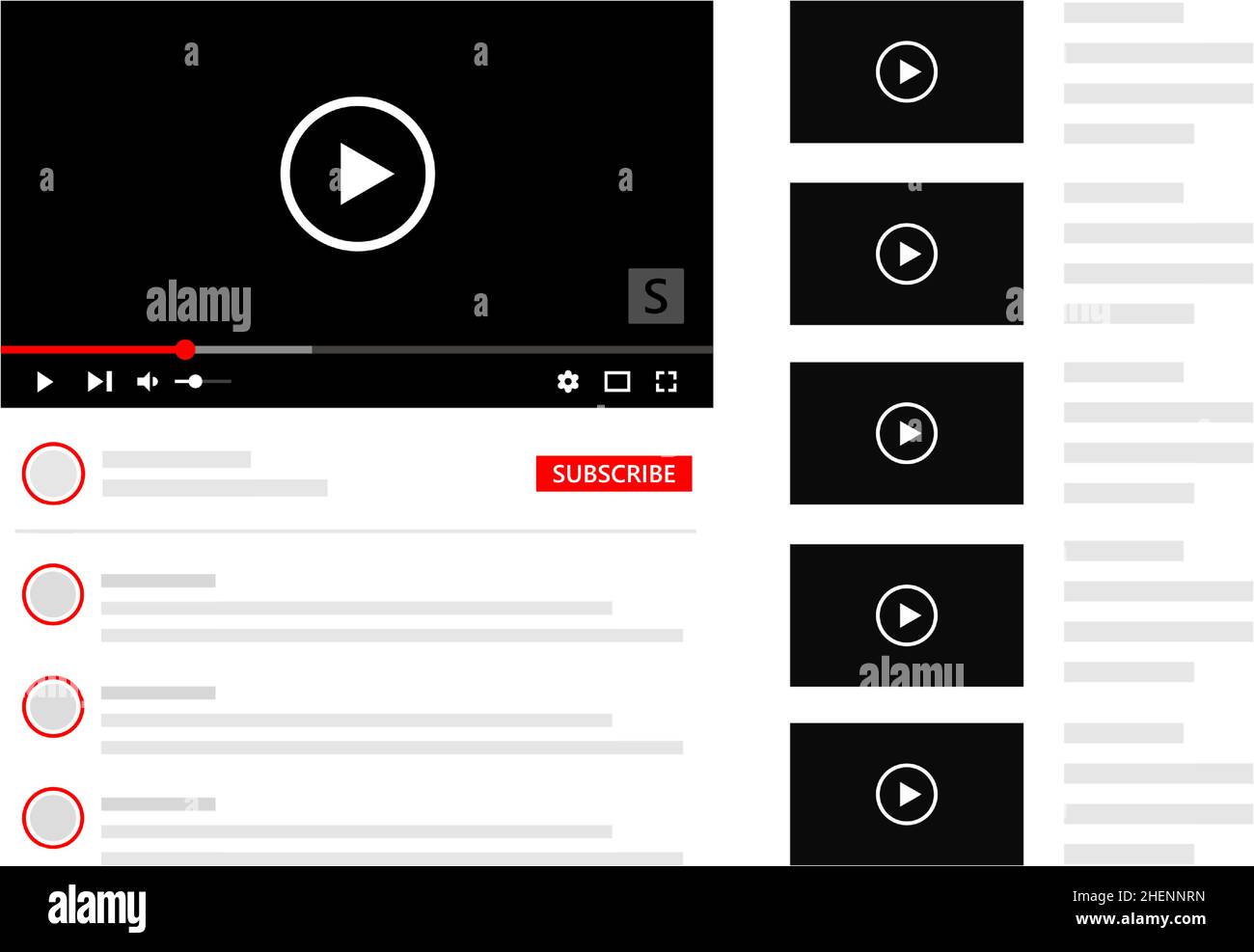 Video player interface website design. Desktop multimedia player mockup template. Video screen ...