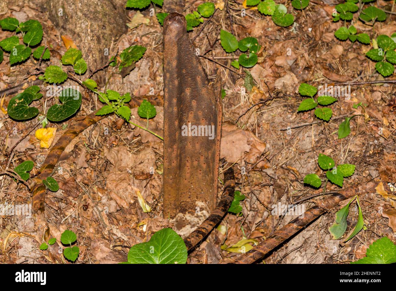 Iron rail buried in the ground, old geodetic datum point Stock Photo ...
