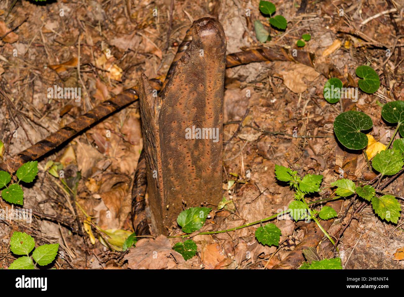 Iron rail buried in the ground, old geodetic datum point Stock Photo ...