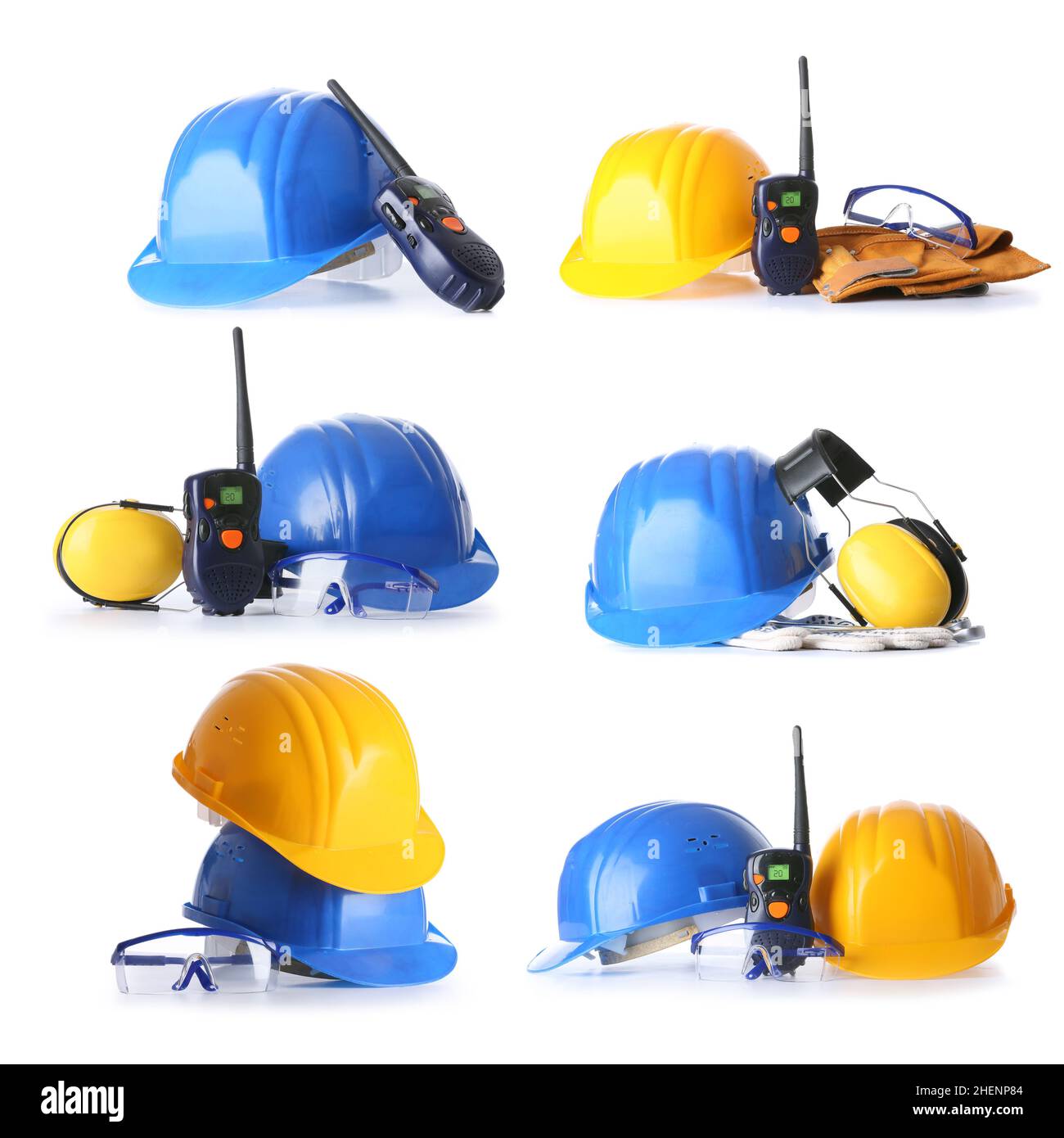 Set of safety equipment and radio transmitters on white background ...