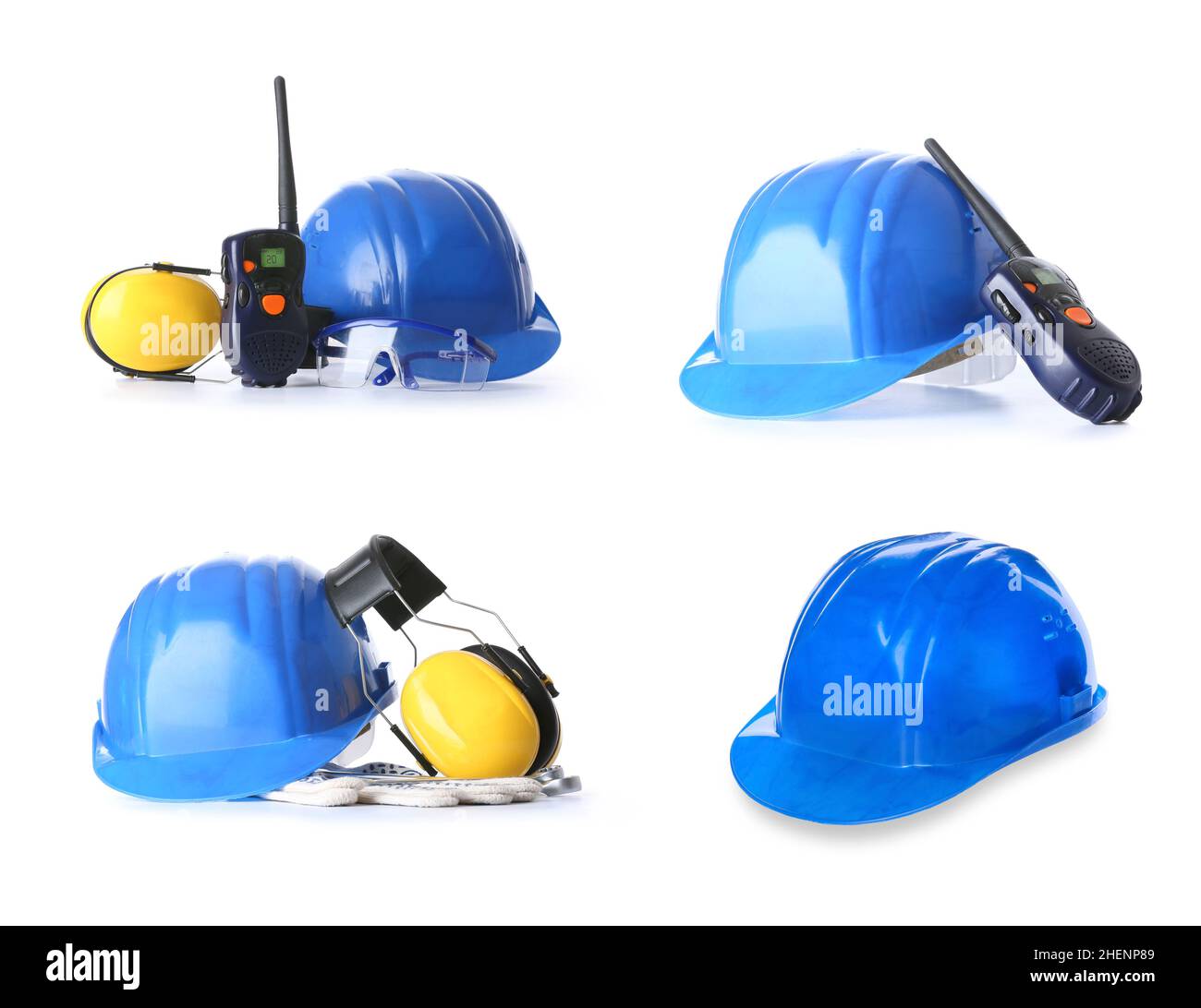 Set of safety equipment and radio transmitters on white background ...