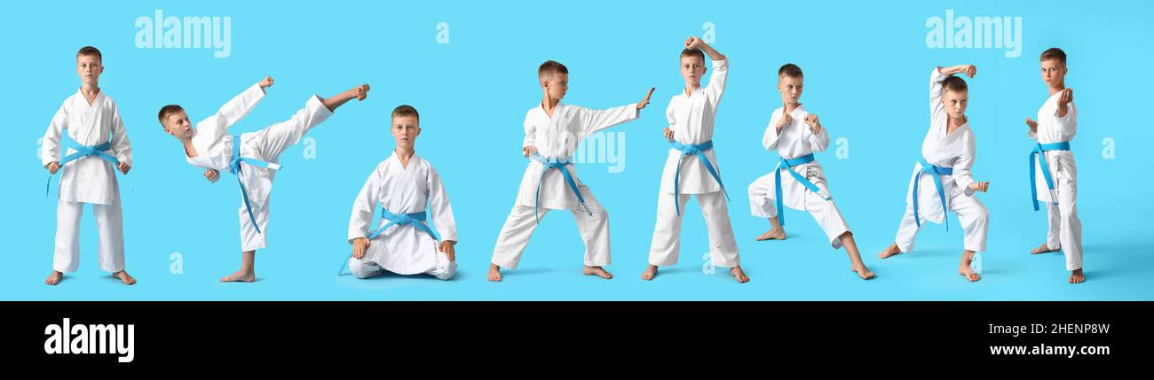 Set of little boy practicing karate on blue background Stock Photo - Alamy