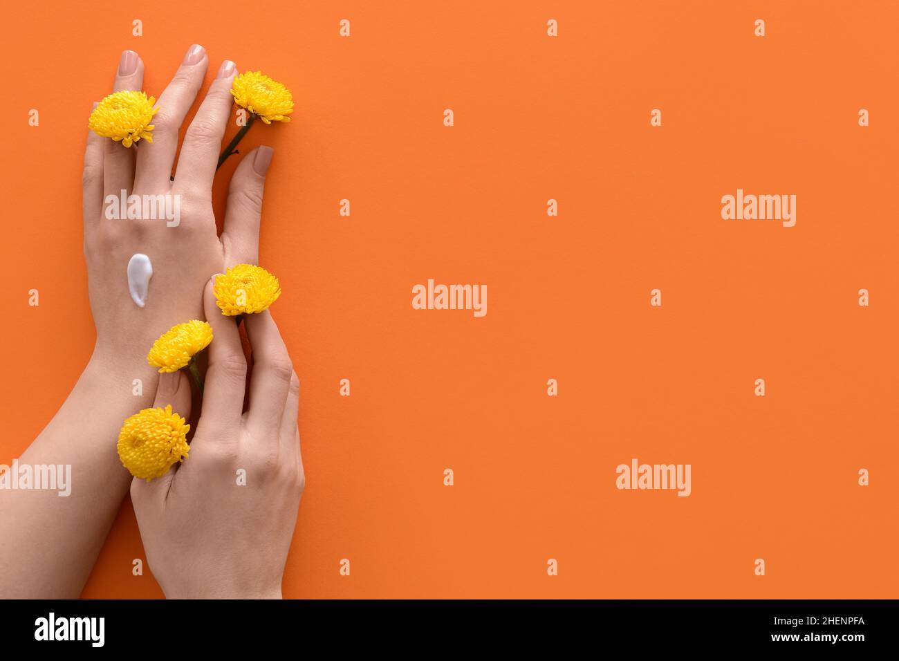Female hands with cosmetic cream and flowers on color background Stock ...