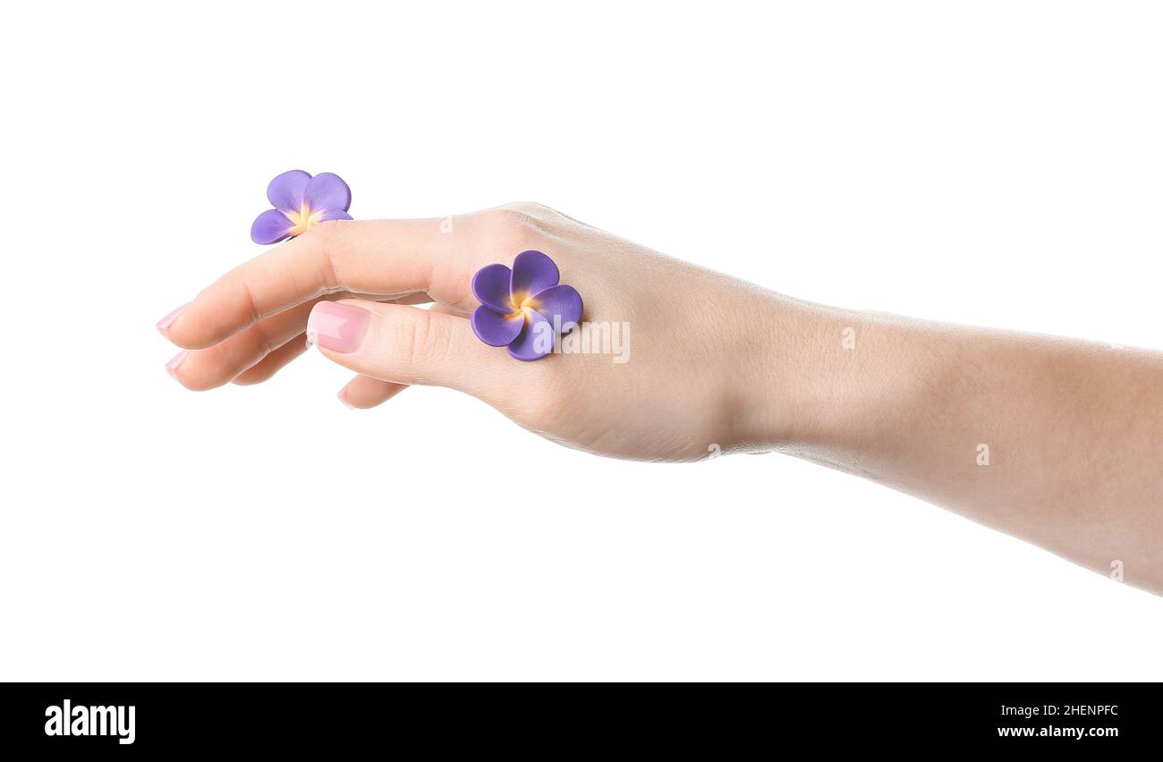 Female hand with flowers on white background Stock Photo - Alamy