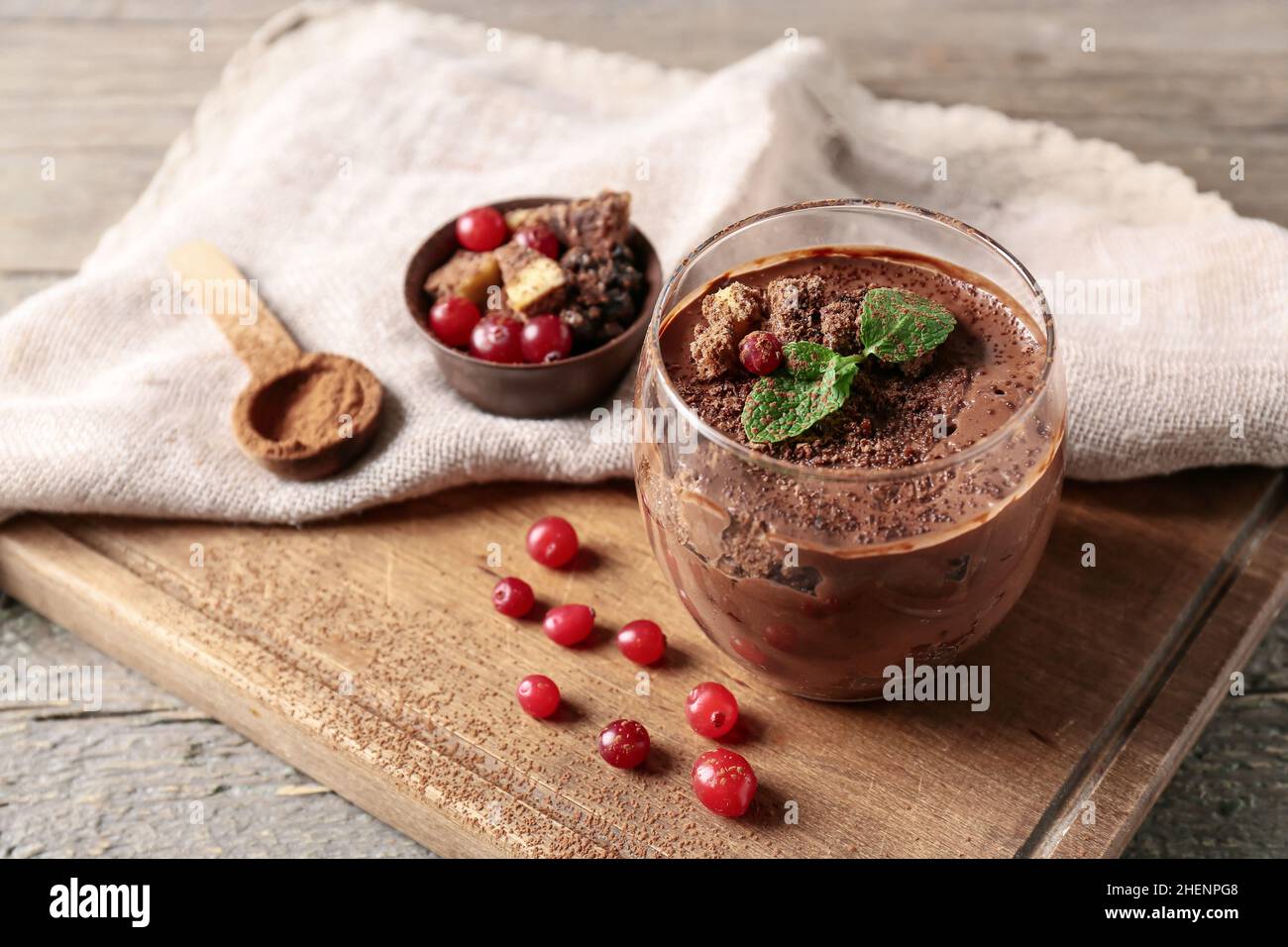 Glass of sweet cocoa dessert on table Stock Photo - Alamy
